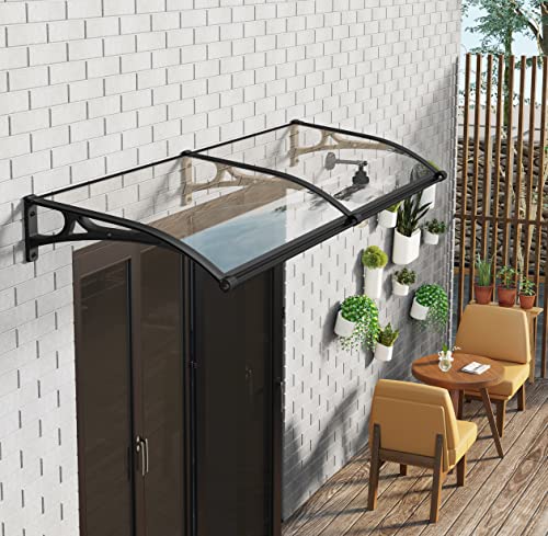 UEMMILLY Window Door Awning Canopy UPF 50+, Aluminum Black Bracket Polycarbonate Board.Front Doors/Windows Overhang Awning for Sun Shutter, UV, Rain, Snow Protection Solid Sheet