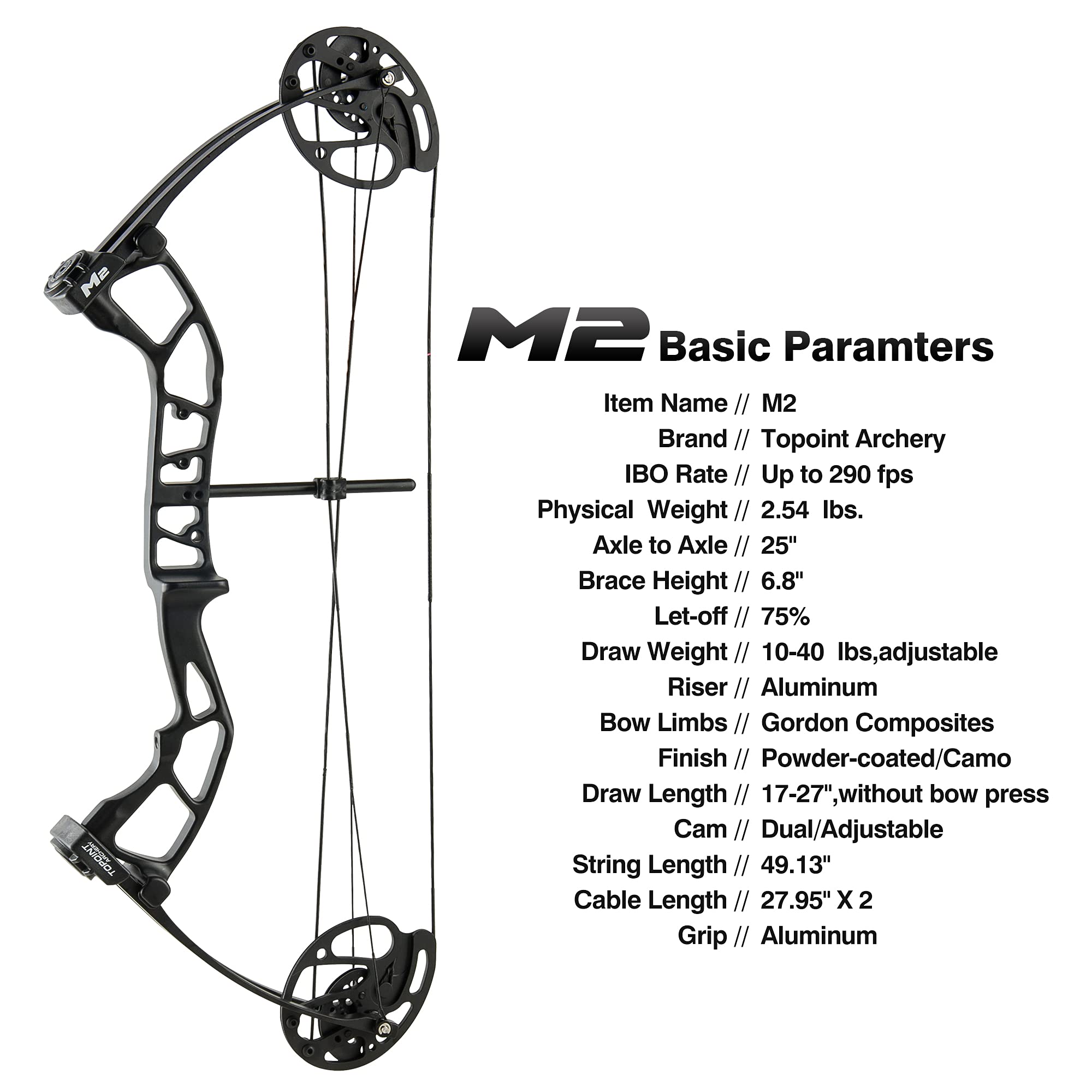 TOPOINT ARCHERY M2 Junior Compound Bow Set Beginners,Youth&Kids Bow Women Bow 17"-27" Draw Length,10-40Lbs Draw Weight,290fps IBO, Bow Only 2.54lbs,Lightweight Design (Muddy Girl with Carry Case)