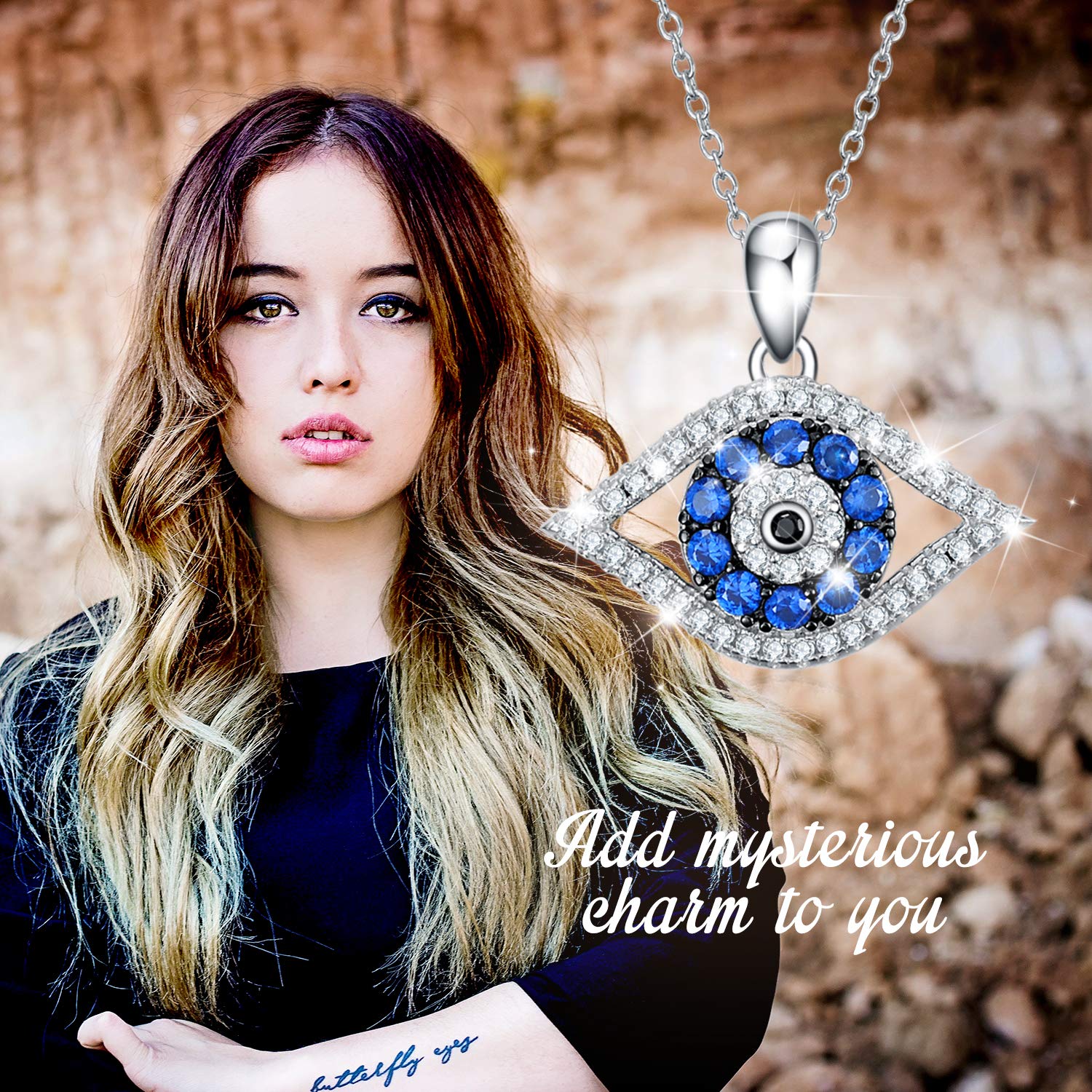 PEIMKO Evil Eye Pendant Necklace 925 Sterling Silver Greek Protection Jewelry Lucky Necklace for Women(white gold)
