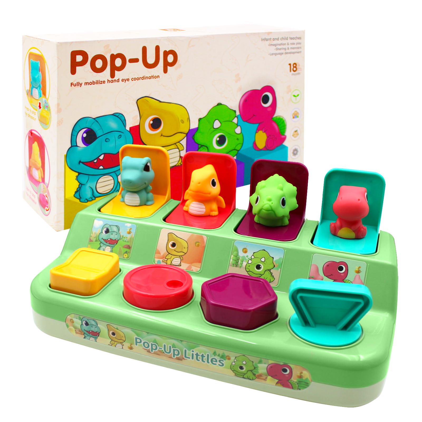 VONKAKOO Dinosaur Pop-Up Pals Cause and Effect Baby Toy, Early Developmental Toddler & Kids Gift, Ages 18 Months+