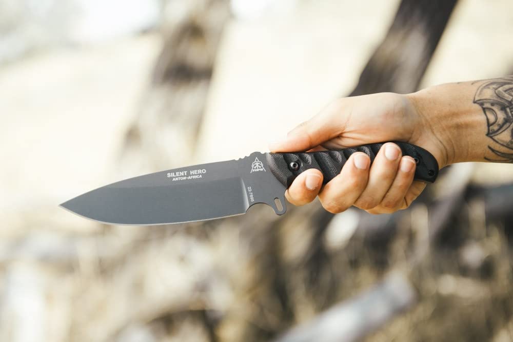 Tops Knives Silent Hero - Sniper Gray Blade Finish - Fixed Blade Knife - Black Leather Sheath (Rocky Mountain Tread Handle)