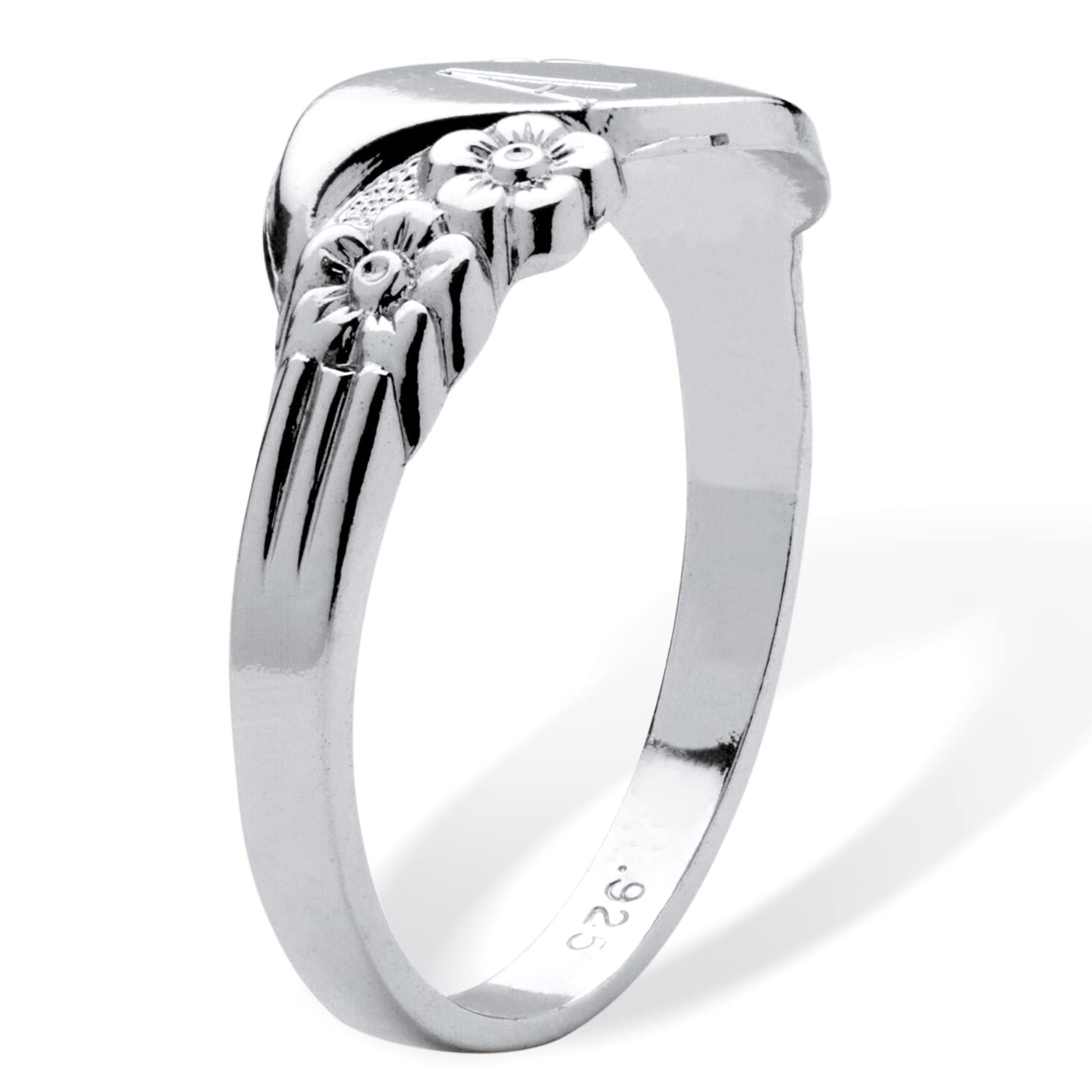 PalmBeach Sterling Silver Floral Motif Personalized Initial Signet Engraved Initial Signet Ring Sizes 5-10 Size 9