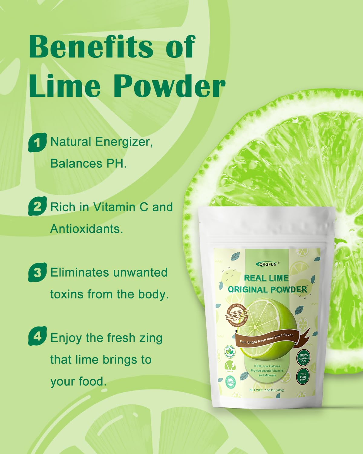 ORGFUN Original Lime Powder, Whole Lime Juice Freeze Dried Powder, Fresh Squeezed Lime Juice Prefer for Cocktails, Drinks, Smoothies, and Cooking 7.06 Oz