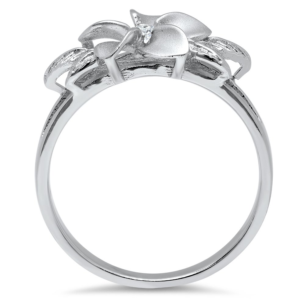 Metal Factory Sz 9 Sterting Silver 925 Plumeria Cubic Zirconia CZ w/Maile Leaf Hawaiian Flower Band Ring