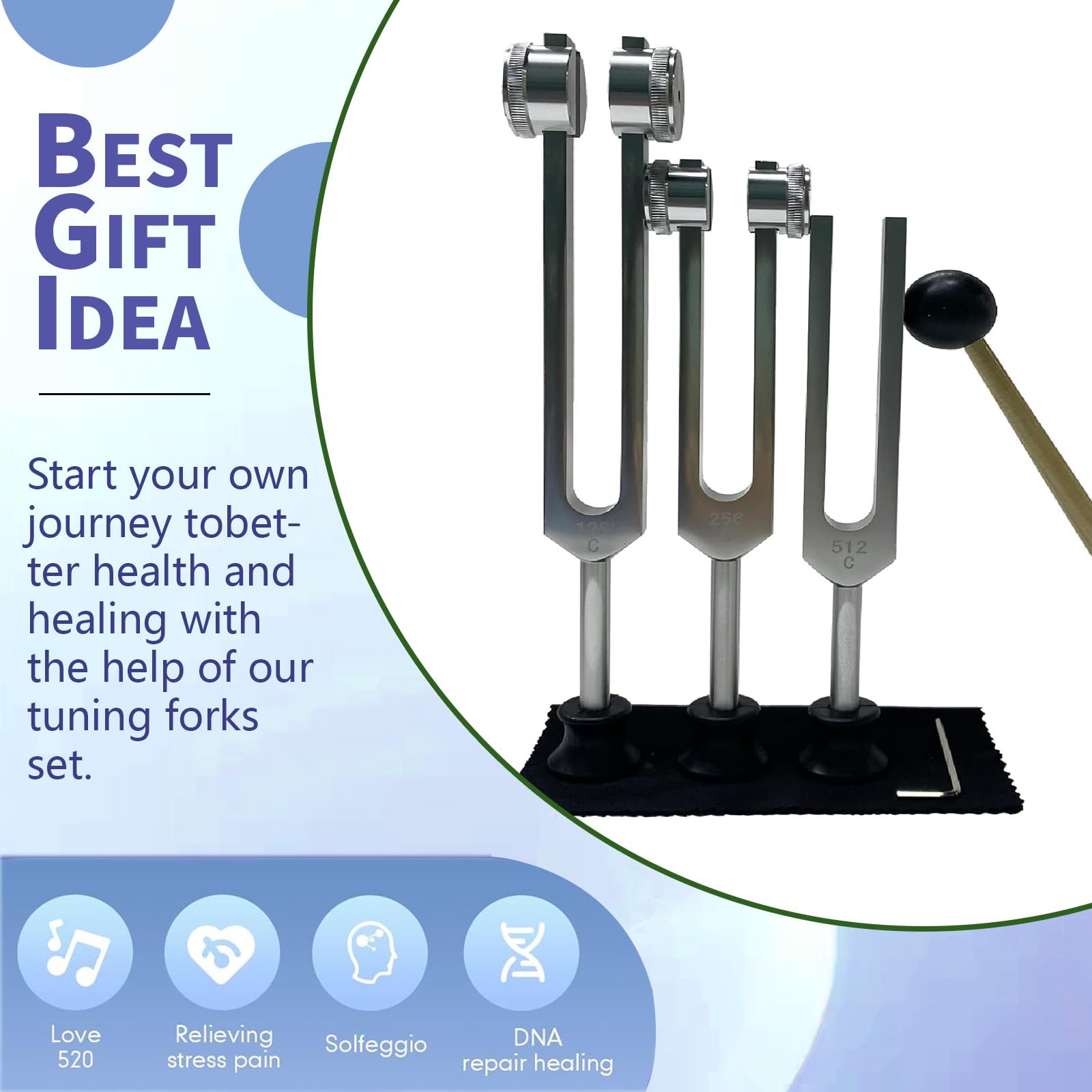 Tuning Fork Set (128Hz, 256Hz, 512Hz) β Medical Tuning Forks set for Healing with Silicone Hammer, Repair Tool, Cleaning Cloth and Storage Bag