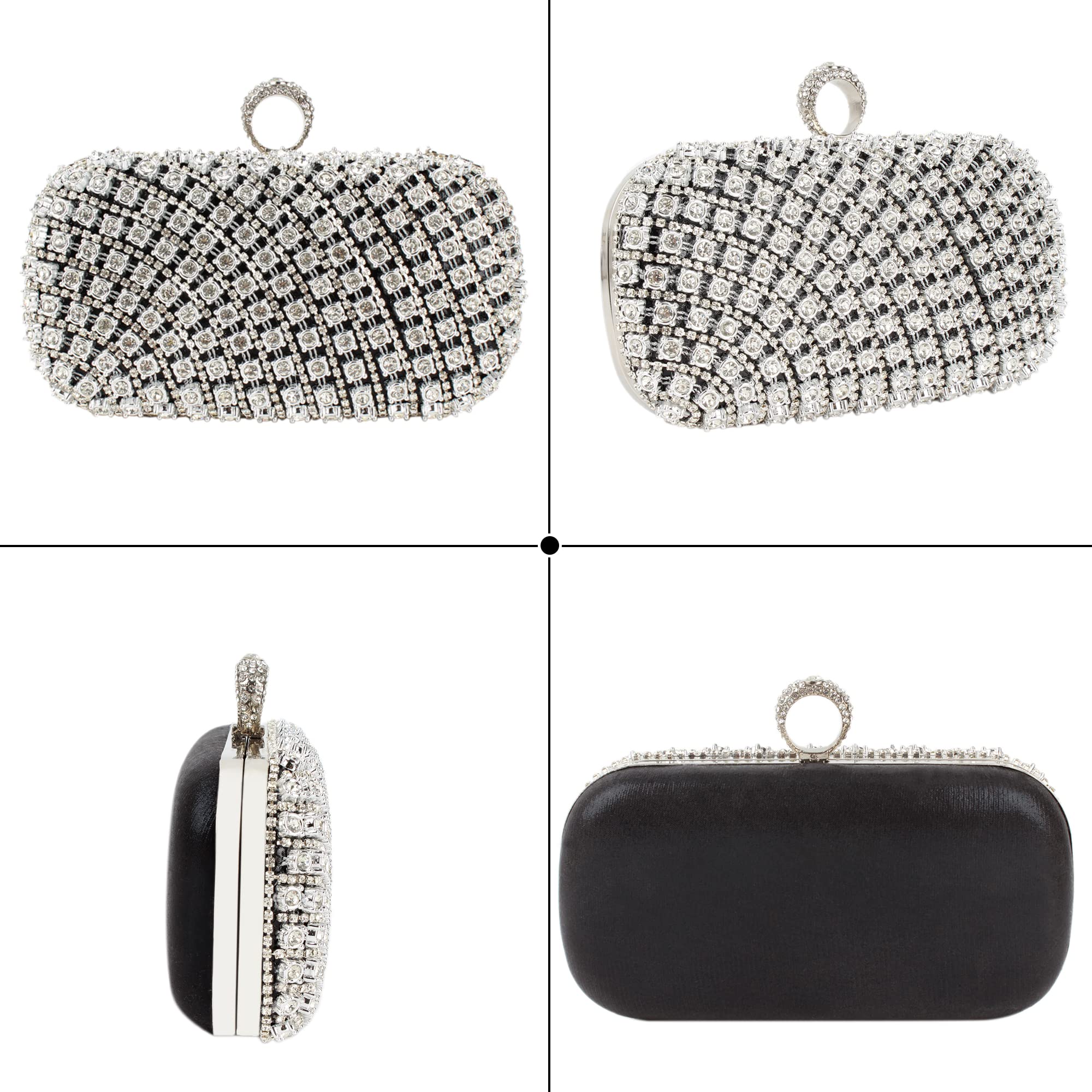 Reberomantic Women Lattice Pattern Metal Handbag Chain Geometric Evening Clutch Purse (U-diamond silver)