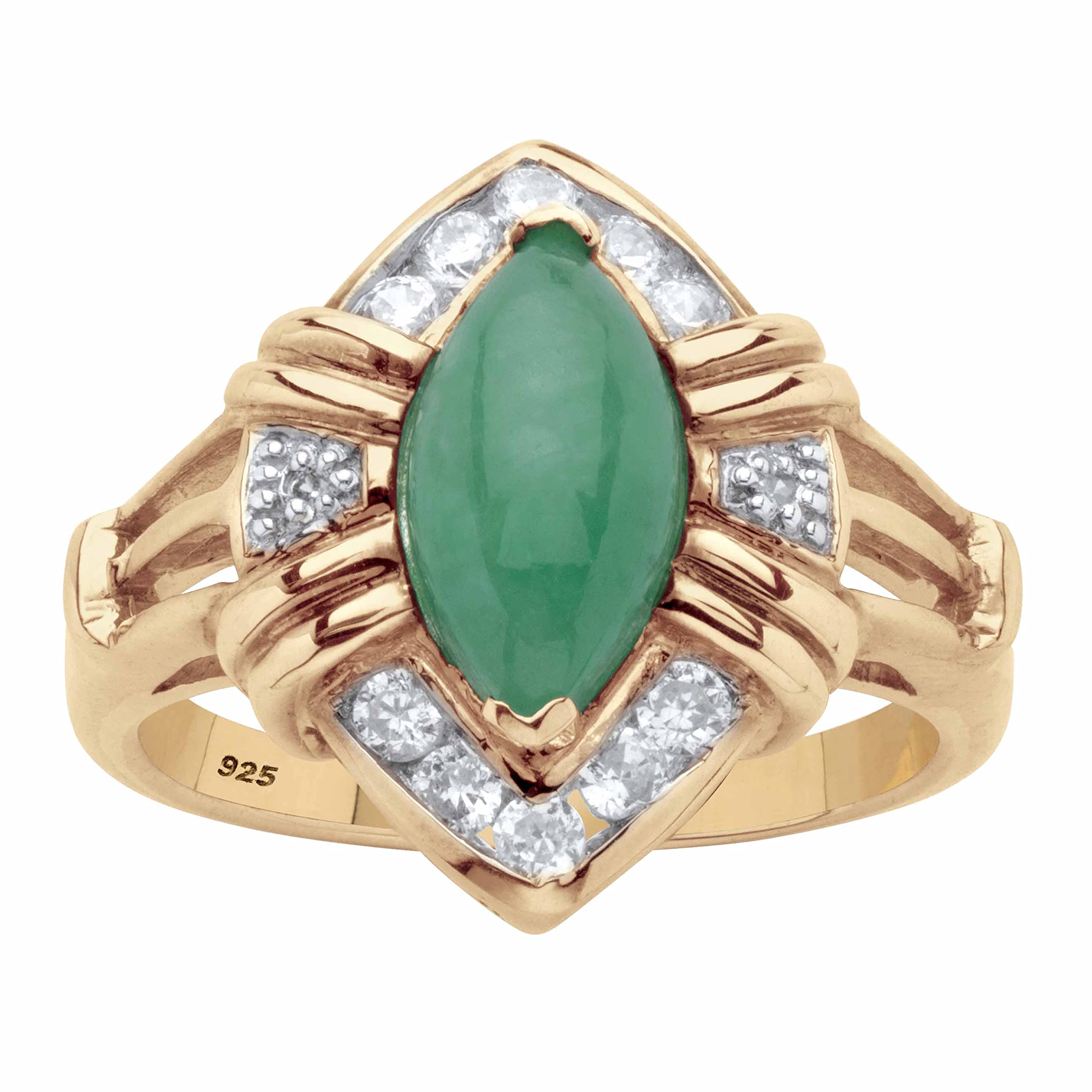 PalmBeach Yellow Gold-plated Sterling Silver Marquise Shaped Genuine Green Jade and Round Genuine Topaz Halo Ring Sizes 6-10 Size 7