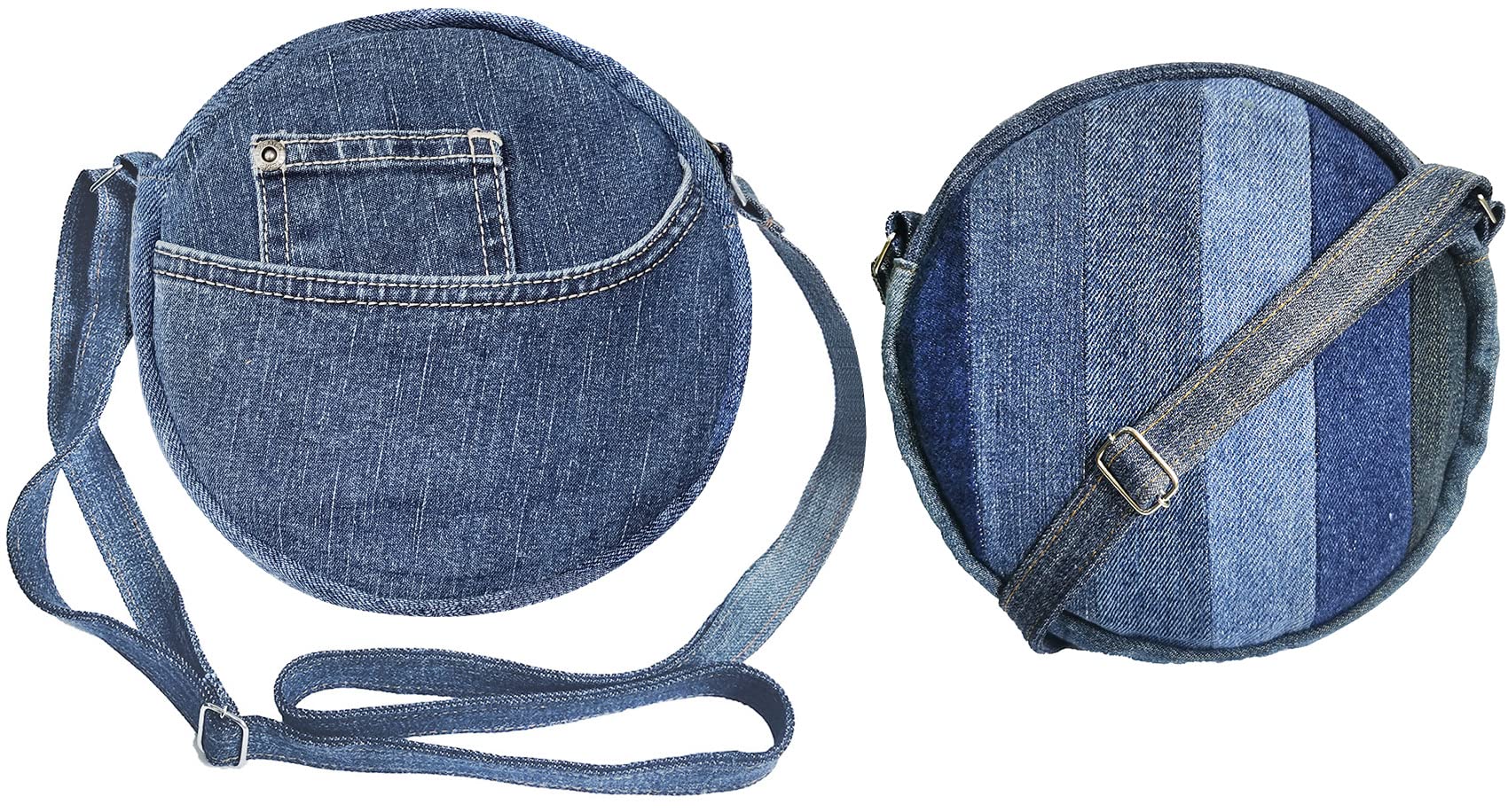 Upcycling Blue Denim Handmade Vintage DIY Patchwork Round Shape Purse Crossbody Sling Bag Handbag for Women (Style 4)
