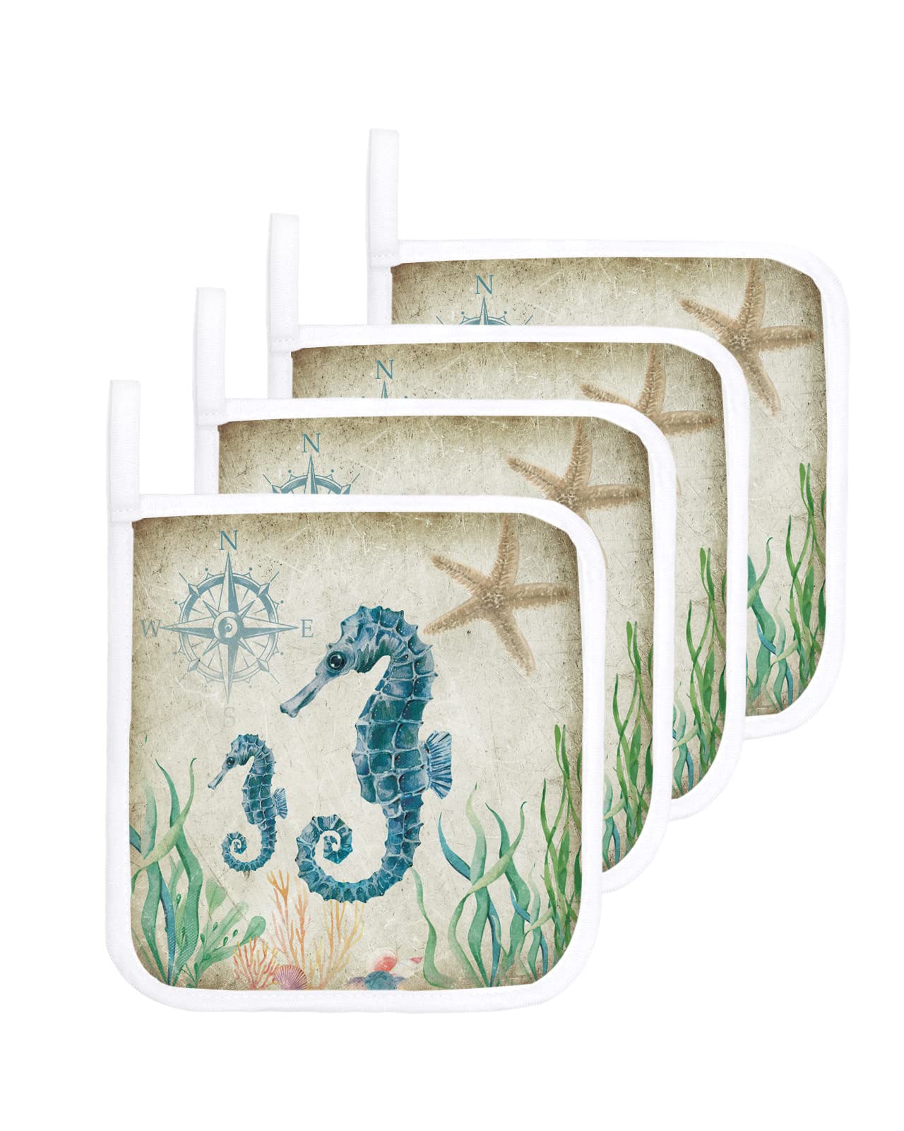 Pot Holder Set of 4 Ocean Seahorse Seaweed Potholder Heat Proof Non-Slip Pot Holders,Retro Nautical Compass Hot Pads Potholders for Kitchen Cooking Baking BBQ