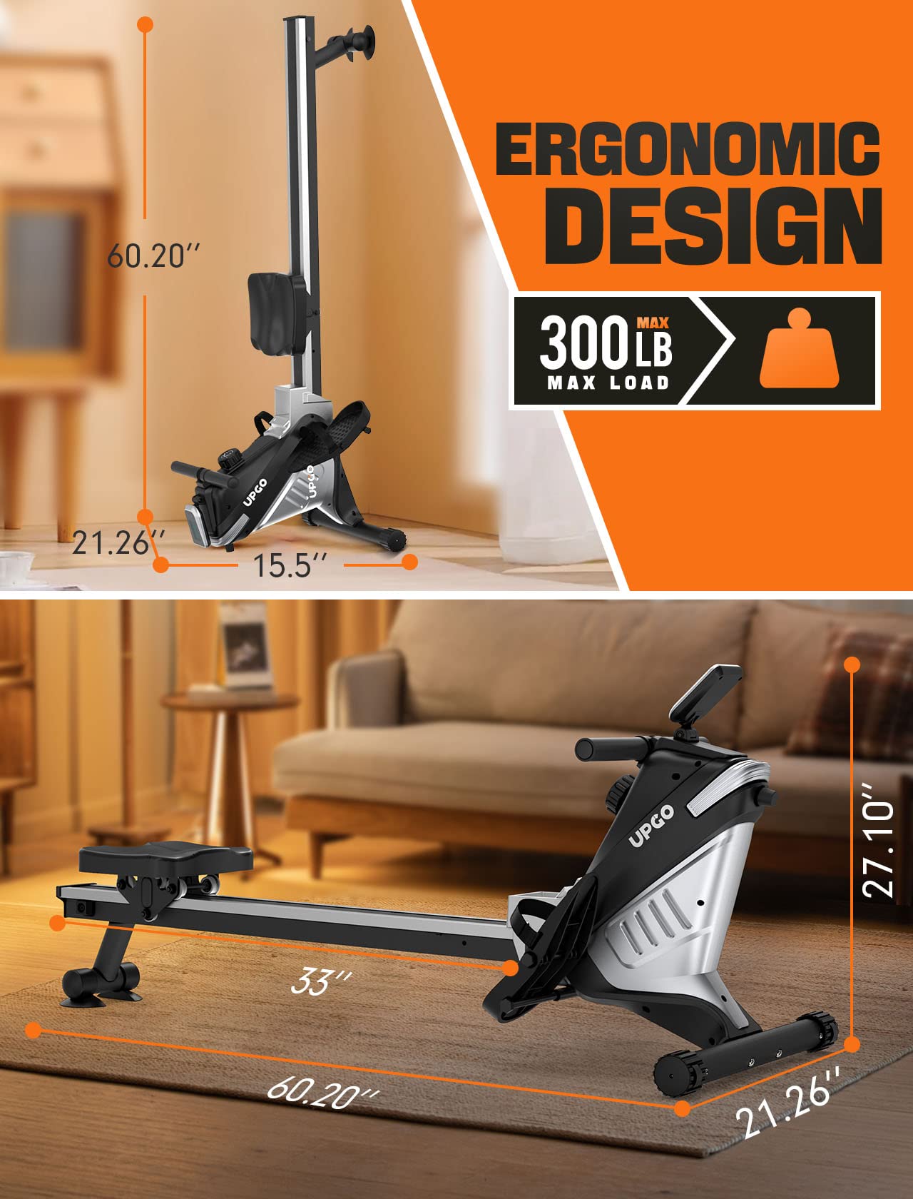 UPGO Rowing Machine for Home Use, Rower with 8 Level Adjustable Quiet Magnetic Resistance, Ergonomic Seat & LCD Monitor, 300 LB Weight Capacity