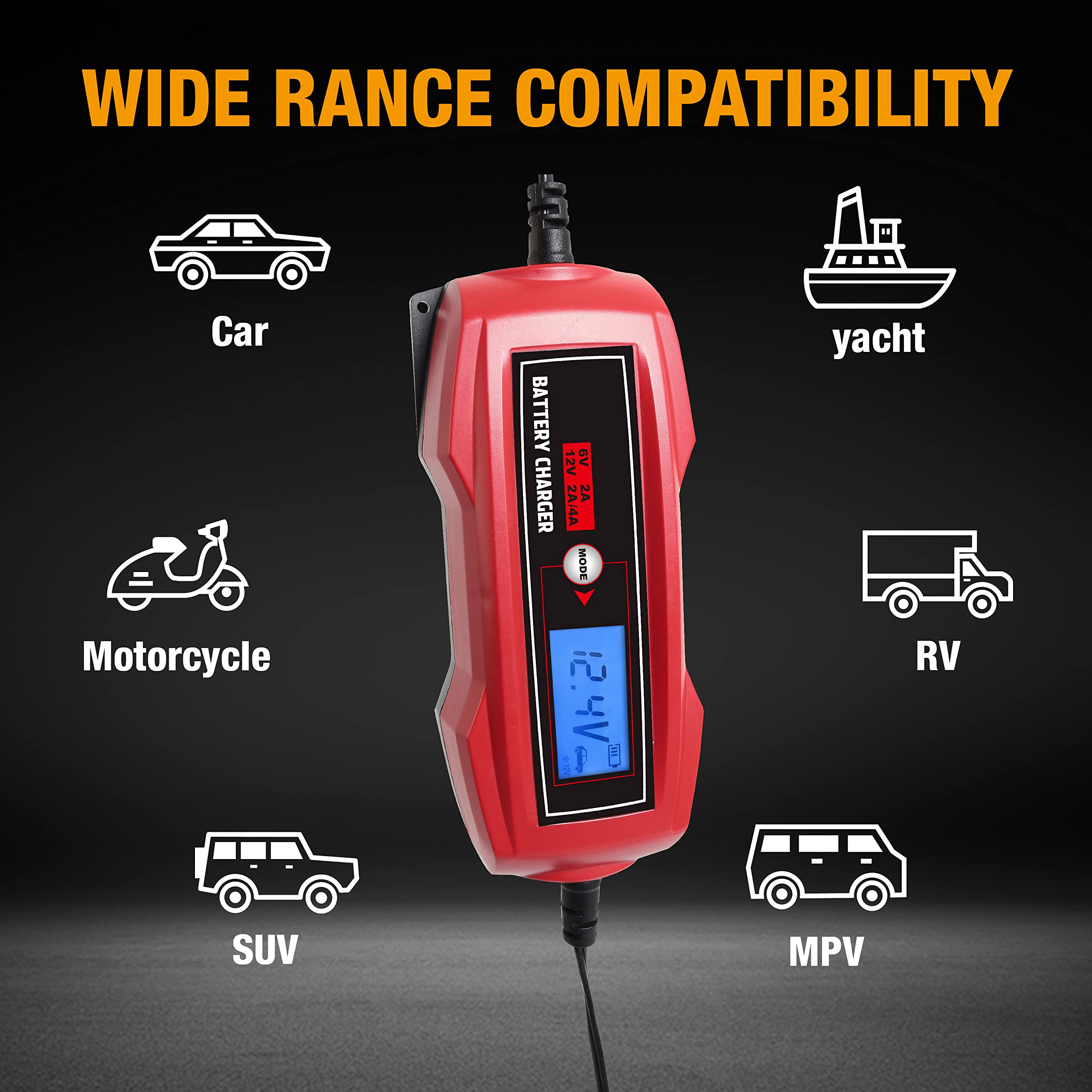Torin ATR4DVLB Fully Automatic 2/4-Amp Smart Charger: High Frequency Battery Desulfator, 6V and 12V Battery Charger Maintainer Trickle Charger with Temperature Compensation , Red