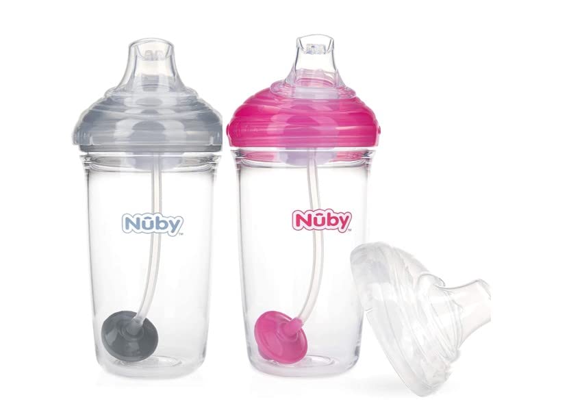 Nuby Tritan No-Spill Trainer Cup with Silicone Spout & 360 Weighted Straw with Hygienic Cover, 2 Pack (Pink, Gray)