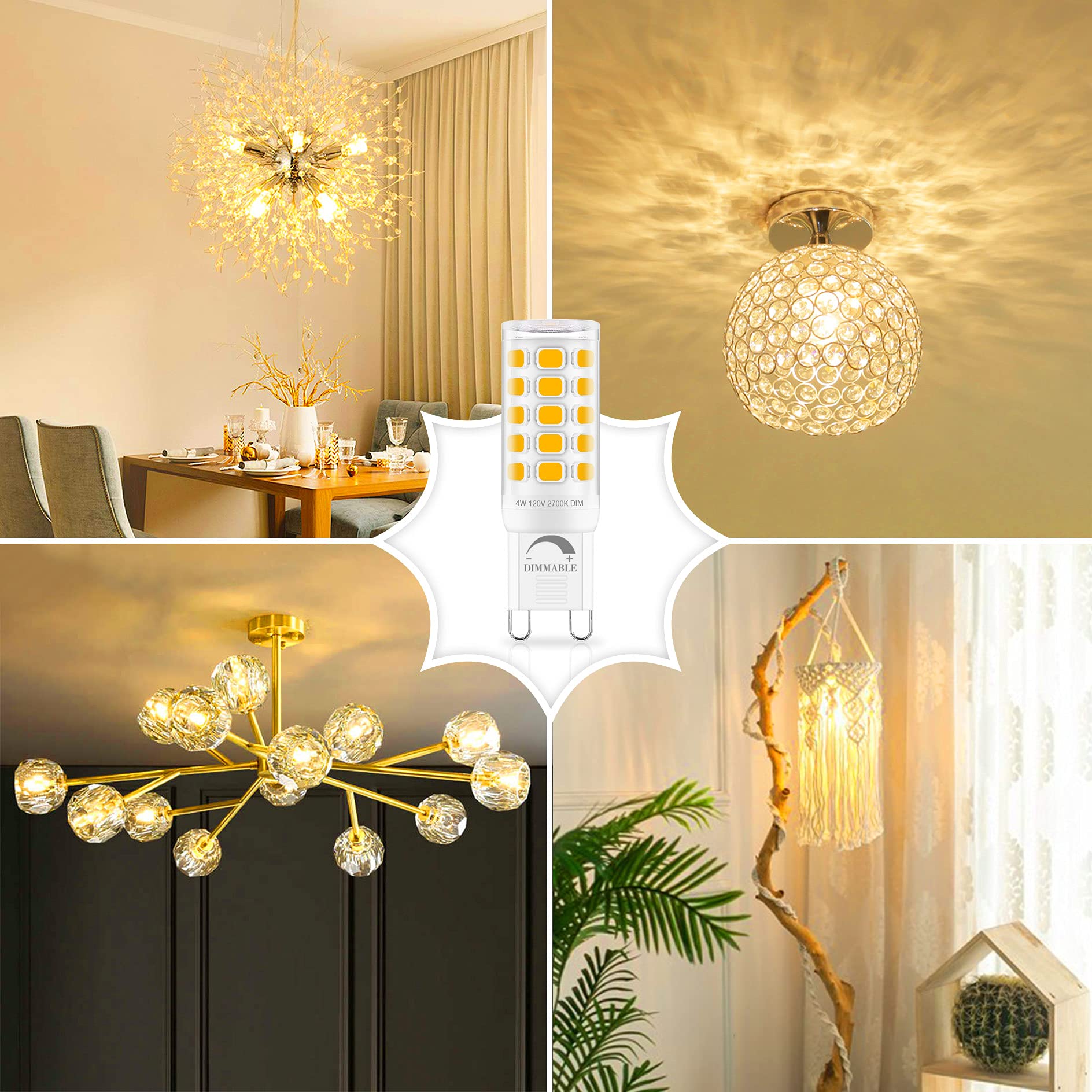 Sailstar G9 LED Bulb Dimmable 2700K Soft Warm White 6 Pack, T4 G9 4W Replacement for 40 Watts Halogen, Ceramic Bi Pin Base, 120V 400 Lumen 360°Beam Angle, G9 Light Bulbs for Chandelier