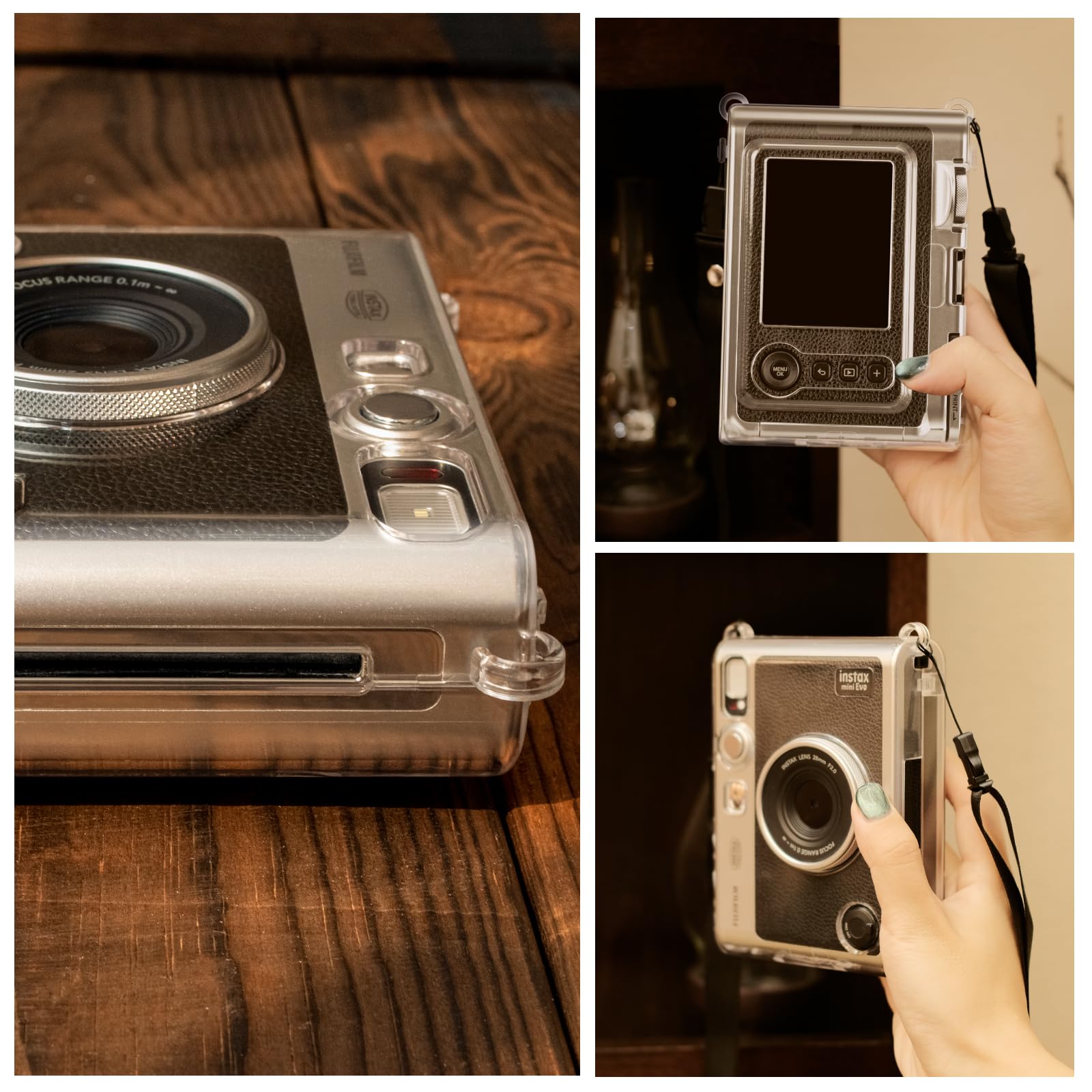 Rieibi Clear Protective Case for Fujifilm Instax Mini Evo Instant Camera - Hard Carrying Case Cover with Shoulder Strap