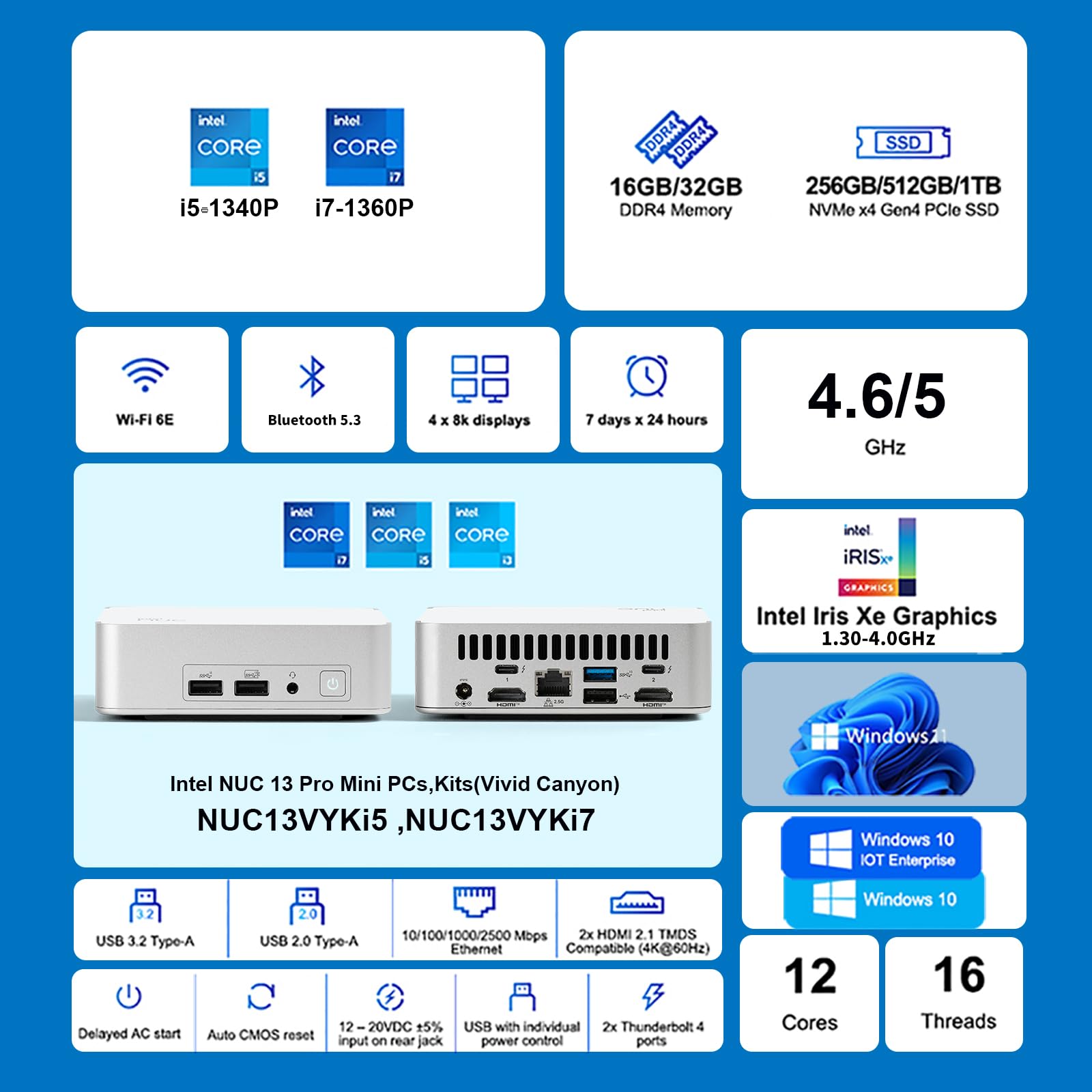 NUC13VYKi5 NUC13 Pro Vivid Canyon 16GB RAM 512GB SSD Mini PC Mini Computer,Intel i5-1340P 12 Core,16 Thread,Win 11 Pro Mini Computers,Up to 4.6 GHz Turbo,WiFi 6E,BT 5.3,8K Support,Gaming