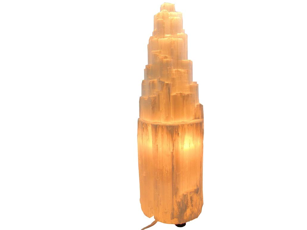 Natural White Selenite Skyscraper Lamp 14-16 Inch Tall, Natural Healing Crystal, Cord and Bulb Included, Space Hamonizer