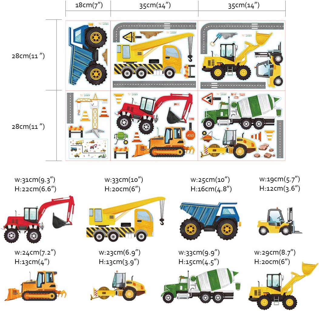 Runtoo Construction Vehicles Wall Decals Road Trucks Tractor Wall Stickers Kids Boys Bedroom Nursery Wall Décor