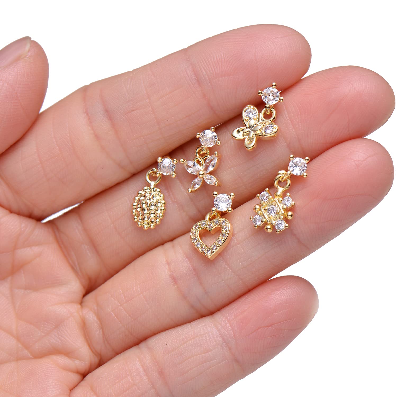 Tornito 12Pcs Nose Ring Studs L Shaped Dangling Butterfly Heart Flower CZ Nose Rings Stud Nostril Body Piercing Jewelry for Women Men 20G Silver Tone