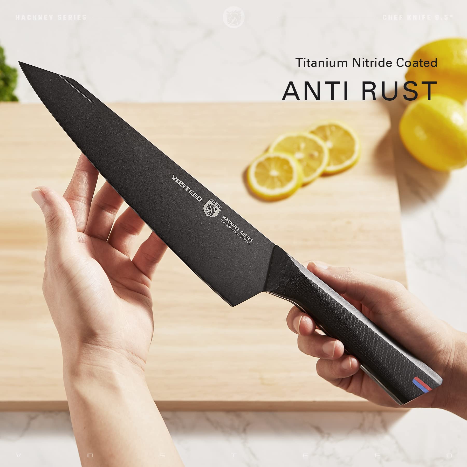 Vosteed Hackney 8.5 Inch Chef Knife with Sheath - Sharp Cooking Chef's Knife Pro Kitchen Chopping & Cutting Knife - High Carbon 7CR17MOV Stainless Steel & Titanium Nitride Coated, Gift Box