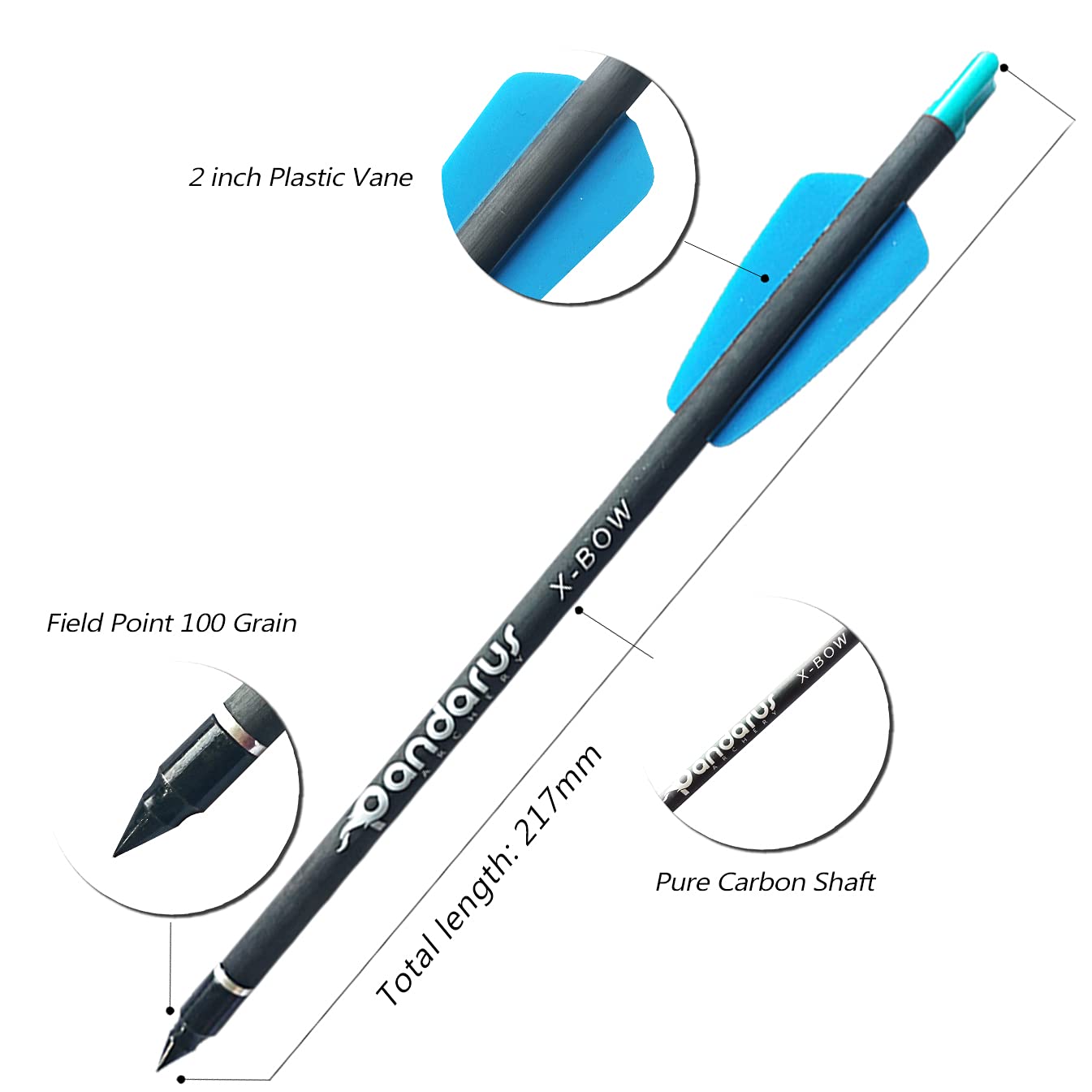 PANDARUS Archery Carbon Arrow 7.5" inch Fletched 2" Vanes with Field Point for Outdoor Hunting Shooting Pack of 12 (Blue)