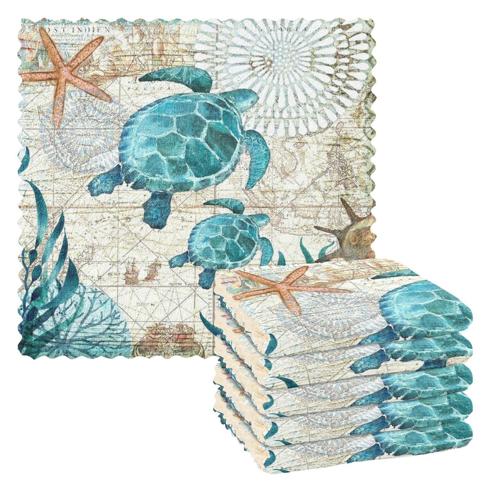senya Vintage Ocean Sea Turtle Starfish Map Print Dish Cloths 6 Pack Dish Towels Reusable Cleaning Cloths Kitchen Hand Towels