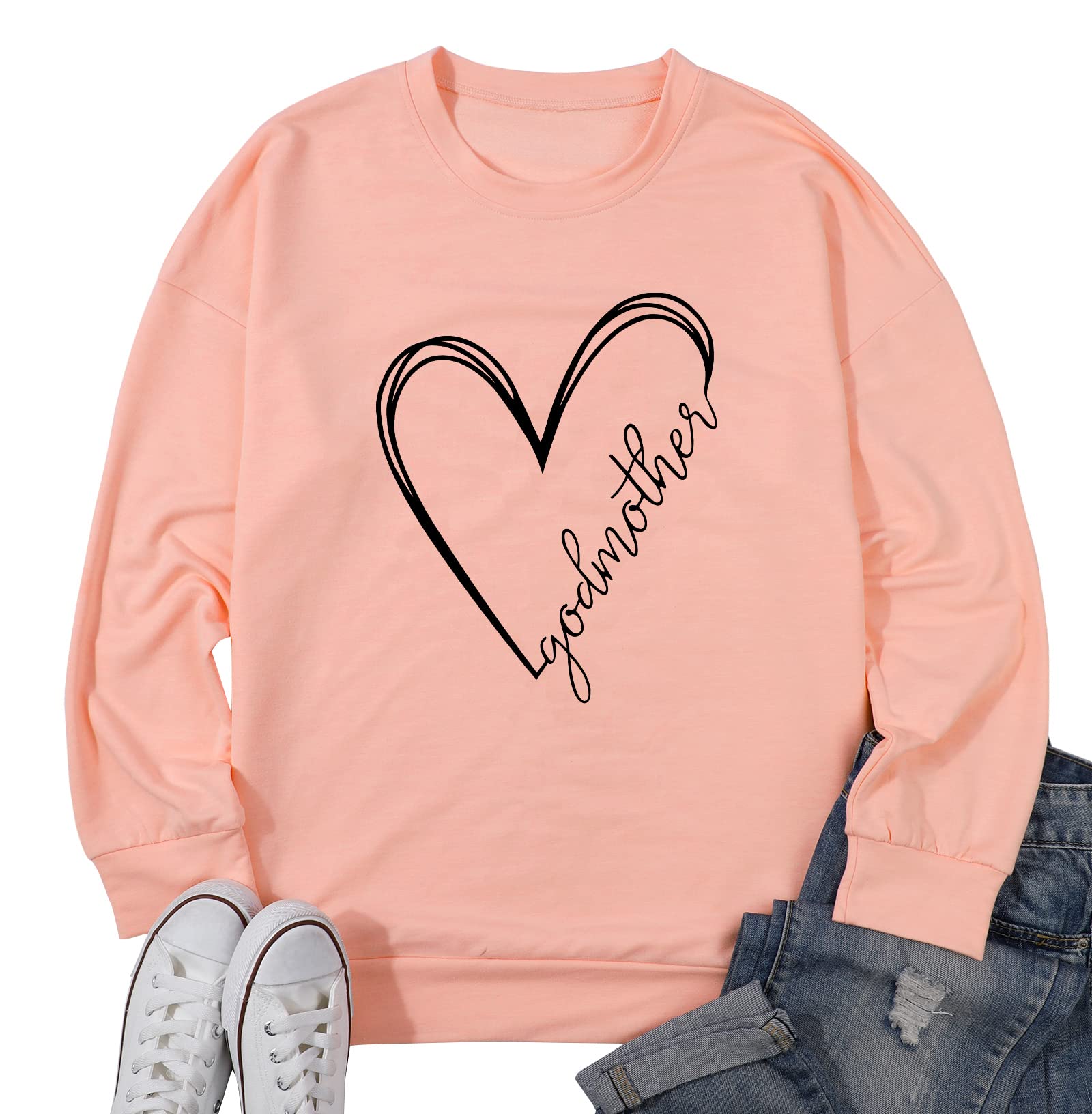 SFHFY Godmother Crewneck Sweatshirt for Women Letter Print Mom Gift Shirts Long Sleeve Casual Pullover Top Pink