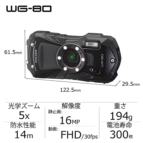 Ricoh WG-80 Black Waterproof Digital Camera Shockproof Freezeproof Crushproof (International Version)