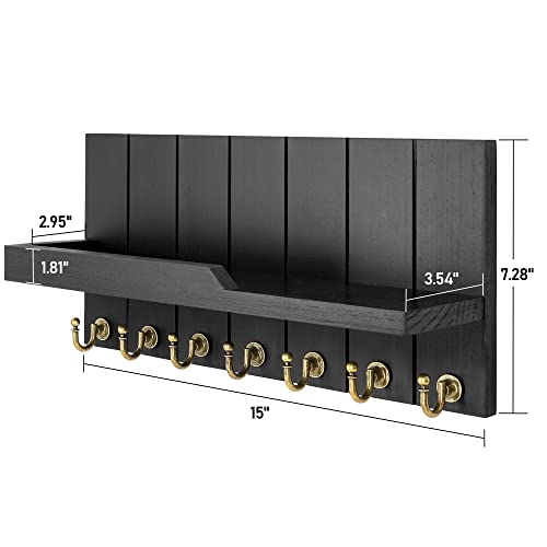 Rebee Vision Decorative Key and Mail Holder for Wall - Farmhouse 15 Inches Floating Shelf with 7 Sturdy Key Hooks for Home Entryway Wall Decor - Rustic Key Racks (Black)