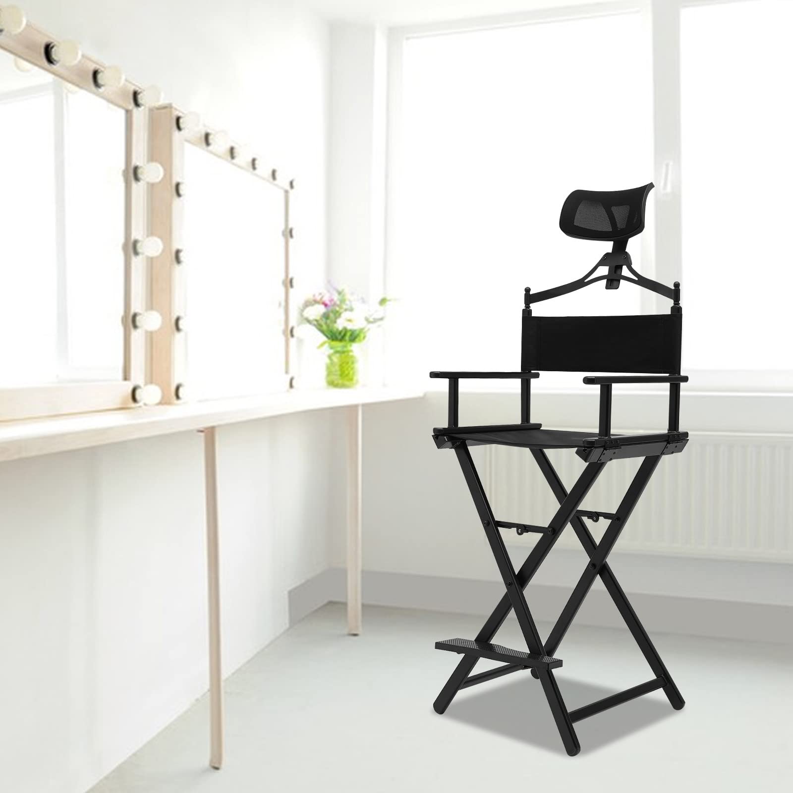 ZHFEISY Makeup Chair Foldable Chair for Camping Directors Chair Outdoor Chair with Backrest Cushion Pedal for Studio Salon Vanity