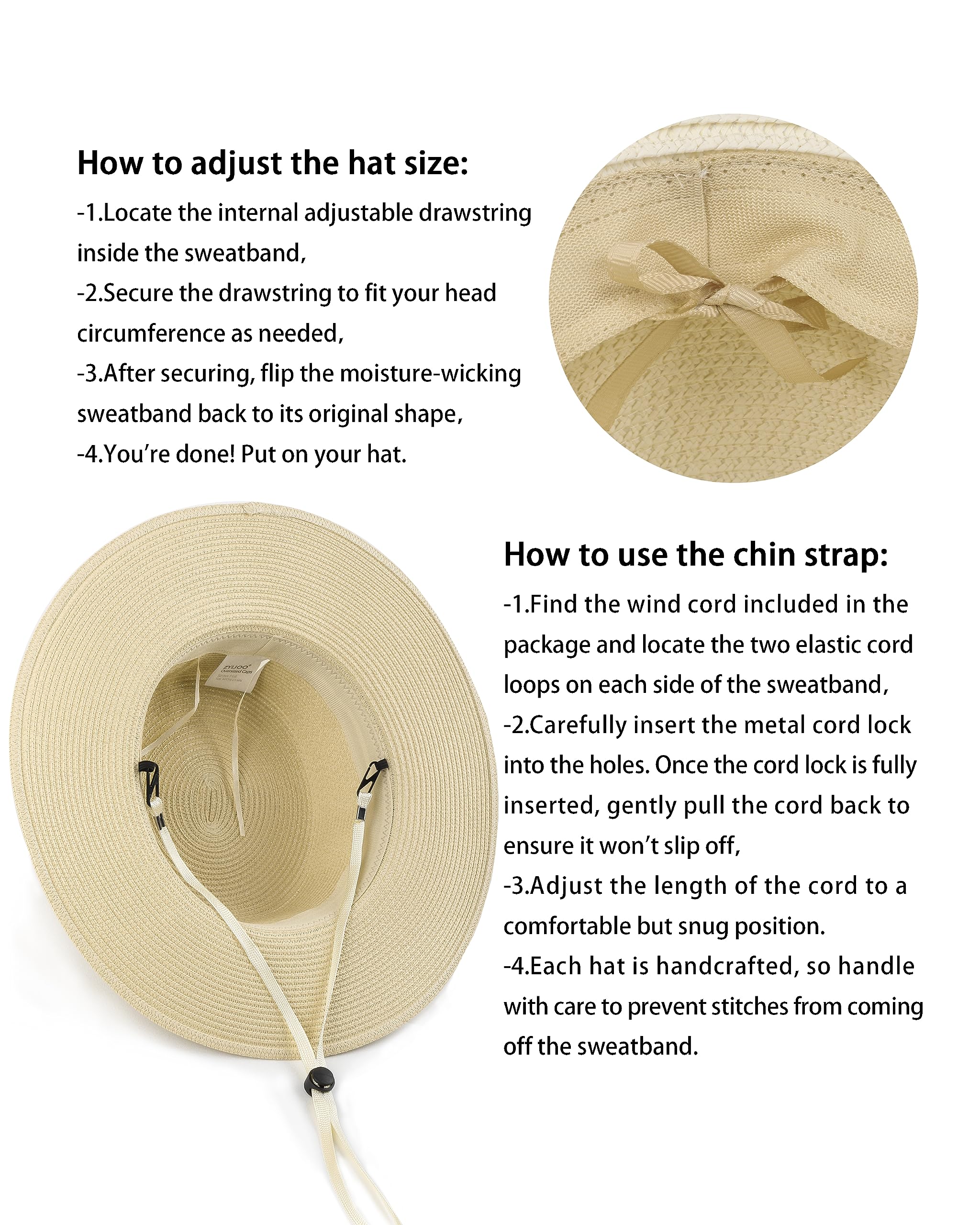 Zylioo Oversized XXL Straw Boater Hats,Wide Brim UV Beach Hats,Summer Cooling Hats with Detachable Chin Strap