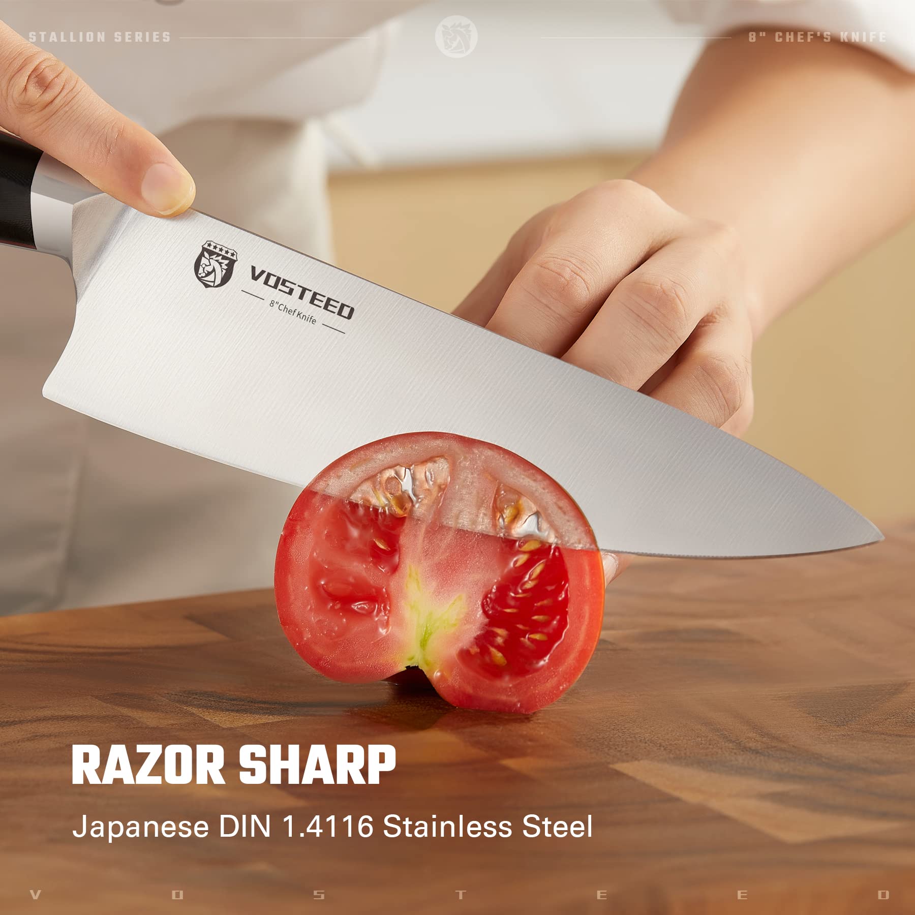 Vosteed Japanese Steel Chef Knife - 8 Inch Gyuto Chef Knife for Cooking & Cutting - Sharp Kitchen Knife (Stallion Series)