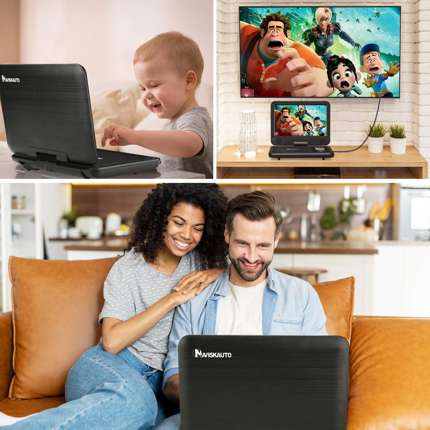 NAVISKAUTO 13" HD Portable DVD Player with HDMI Input, Swivel Screen, Rechargeable Battery, AV in/Out, Support 1080P Video