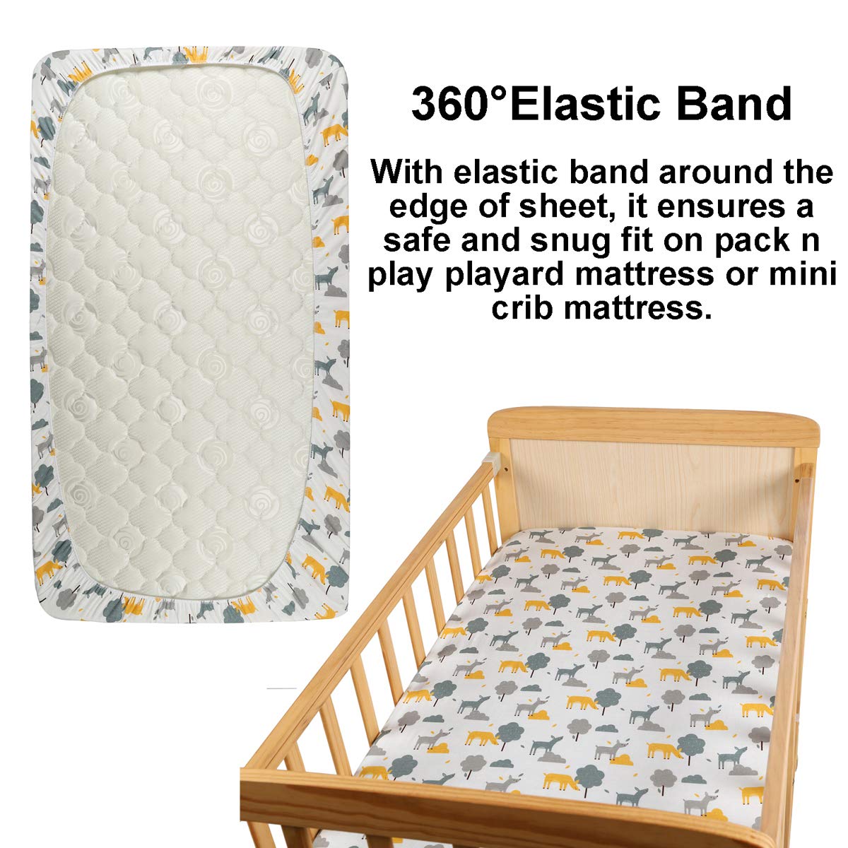 Pack n Play Playard Fitted Sheets 2 Pack Set 100% Jersey Knit Cotton Soft Breathable Portable Mini Crib Mattress Cover for Baby Boy Girl, Llamas and Deers Pattern, White and Grey
