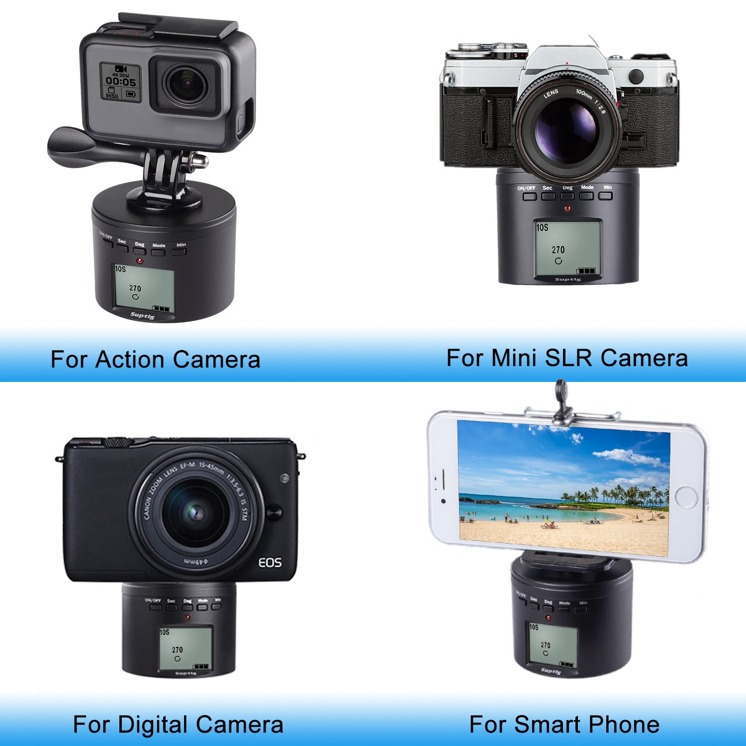 Suptig Tripod Mount Camera Tripod Mount Electric 360 Degree Tripod Head Compatible for Phone, Gopro, DJI osmo, Insta 360 and Digital Cam