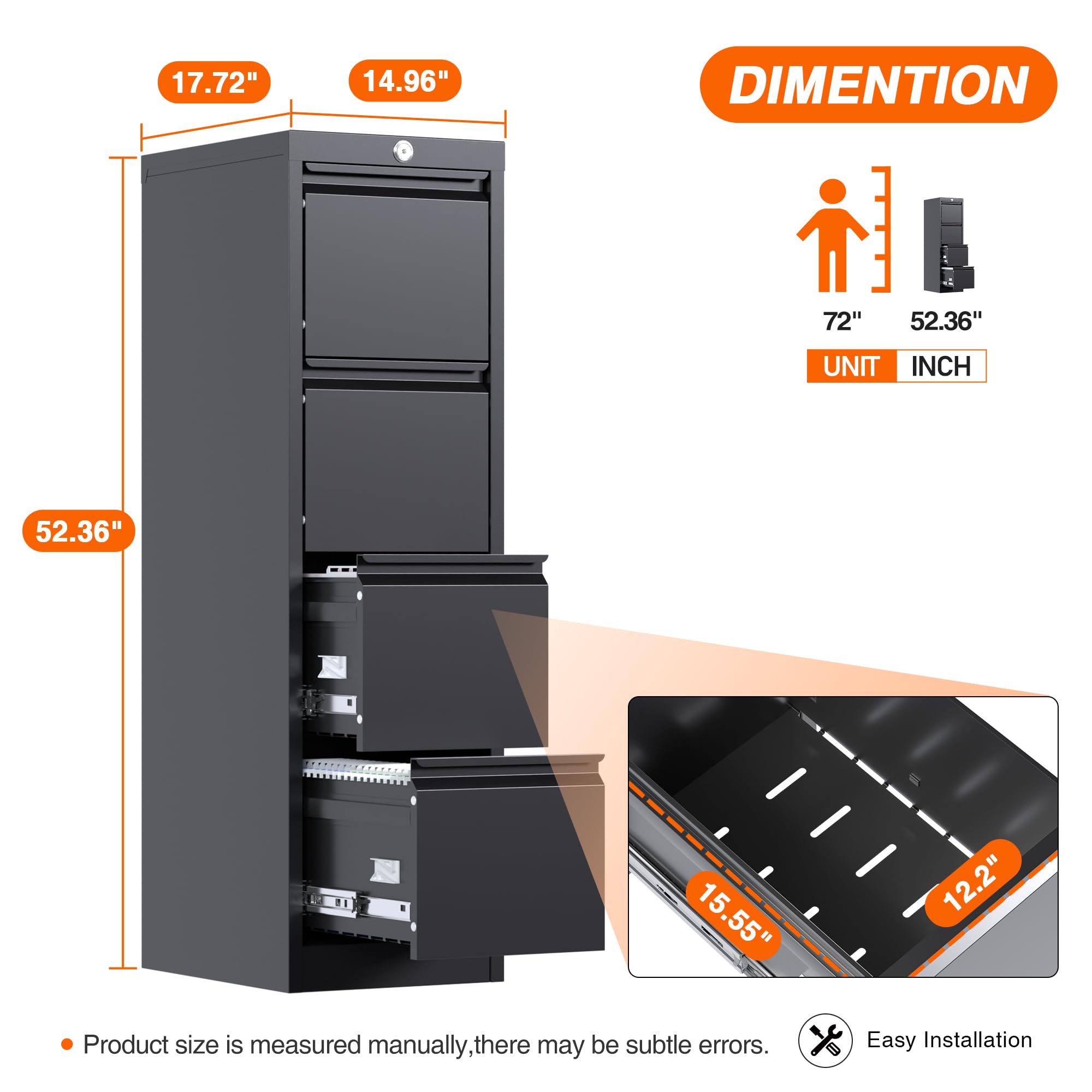METAN 4 Drawer File Cabinet with Lock, Metal Vertical File Cabinet for Home Office, Locking Steel Filing Cabinet for Hanging Letter/Legal Folders, Black