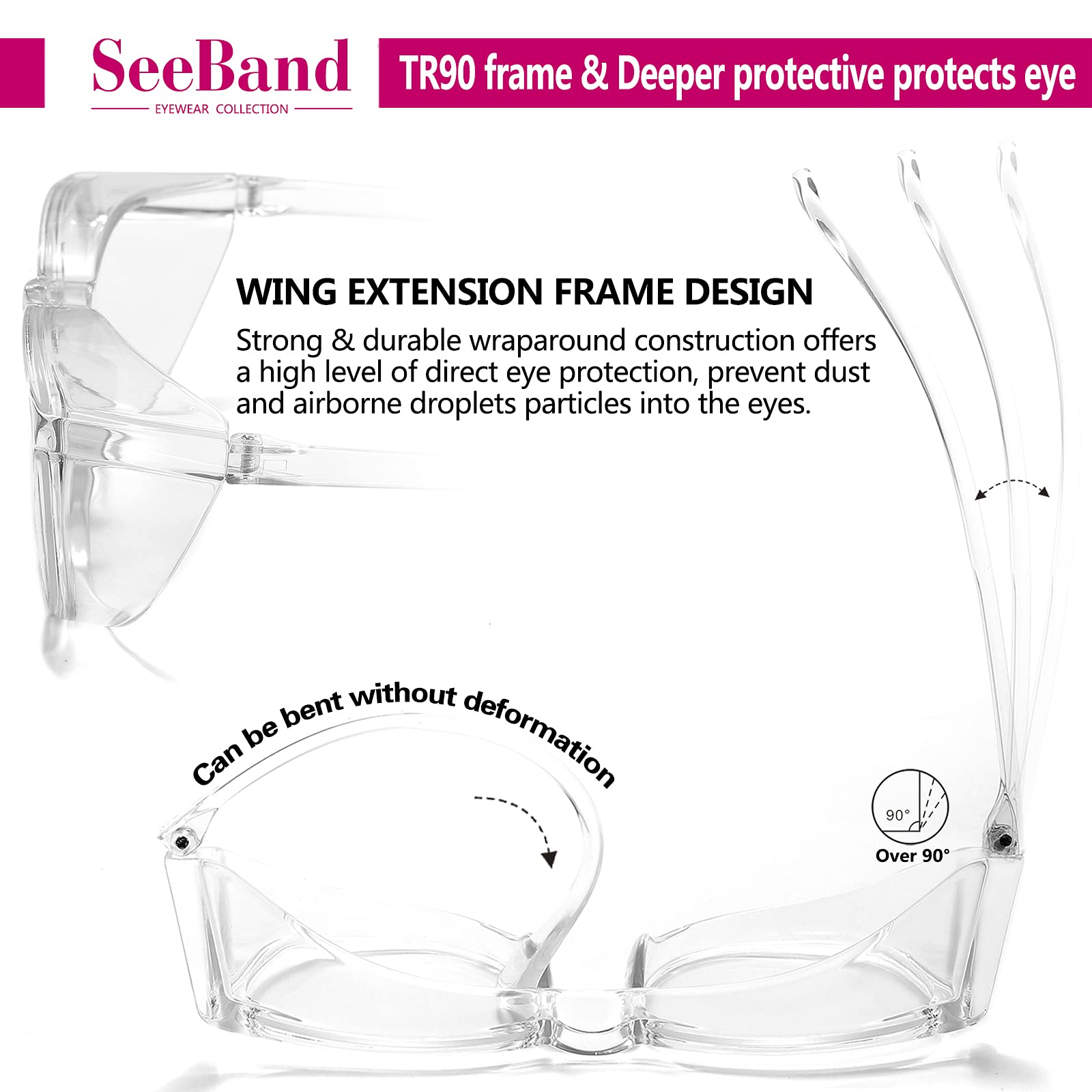 SeeBand Safety Glasses Anti Fog Round Clear Safety Goggles Scratch Resistant with Blue Light Blocking Glasses for Women Men (2 Pack Clear + Black)