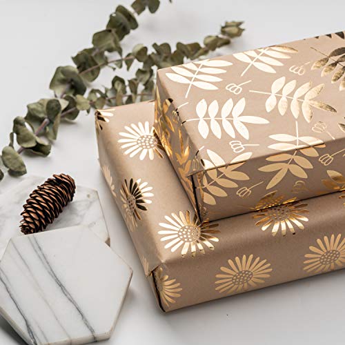 RUSPEPA Wrapping Paper Roll Sheets Kraft Paper - Pumpkin and Maple Leaf Autumn Design Gold Foil - 17.5 x 30 inches Each Sheet, Total of 6 Sheets Packed in 1 roll