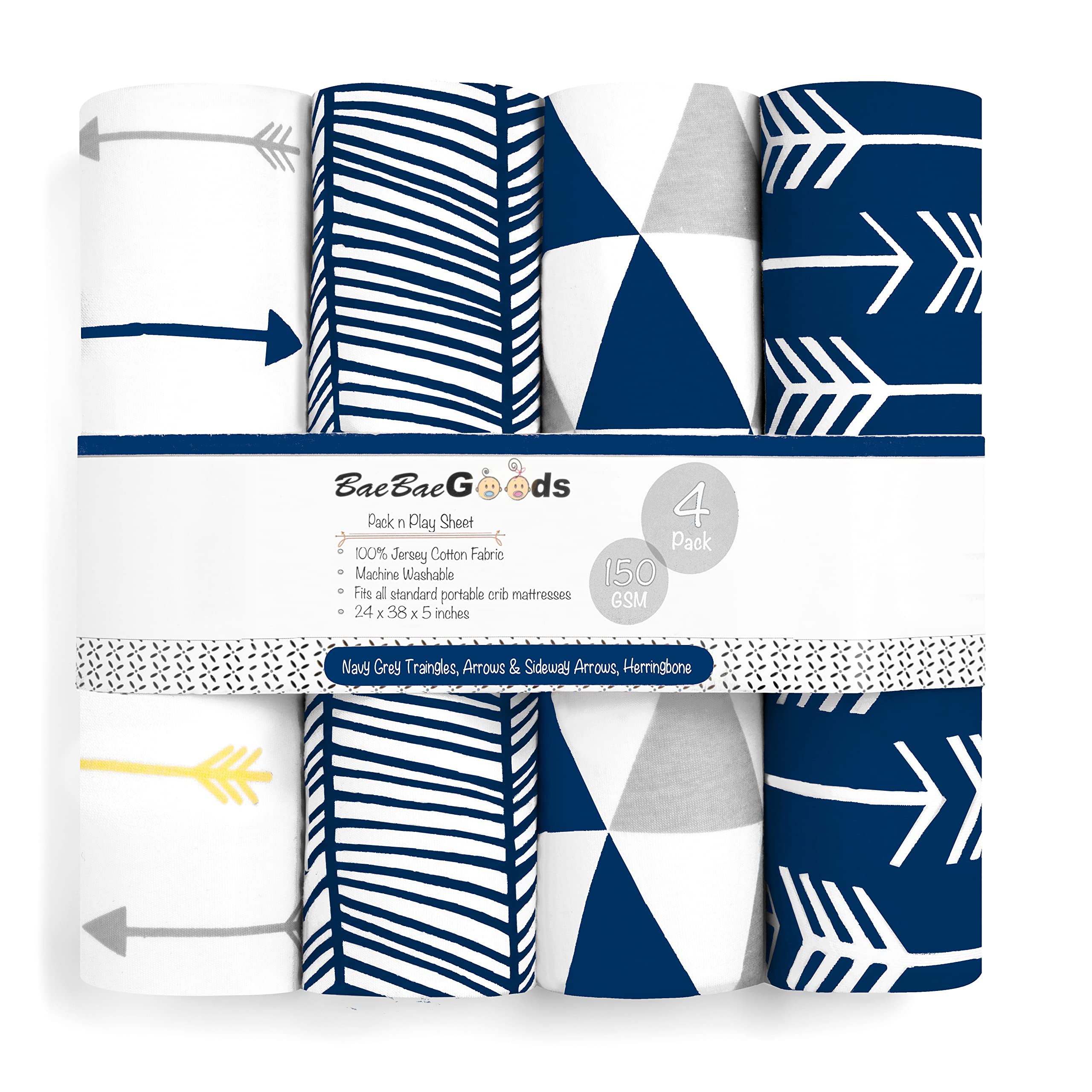 Pack n Play Sheets – Pack and Play Sheets 4 Pack – 100% Super Soft Jersey Knit Cotton Playard Mattress Sheets – Portable Playpen Sheet – Fitted Play Yard Mini Crib Sheets for Boy & Girl (24 x 38 x 5)