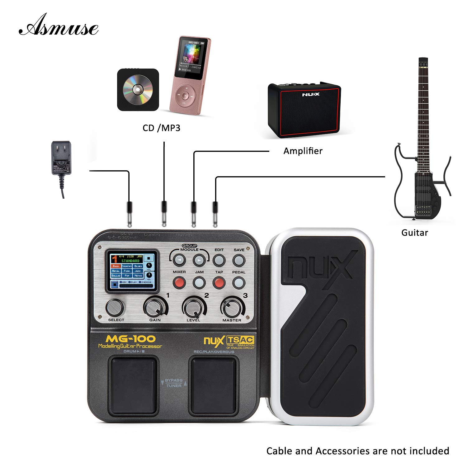 MG-100 Professional Multi-Effects Pedal Processor Musical Instrument Parts 40s Record 55 Effect Mode 10 Sound Di Box Electric Guitar and Bass Loop Amplifier Tube Pedal