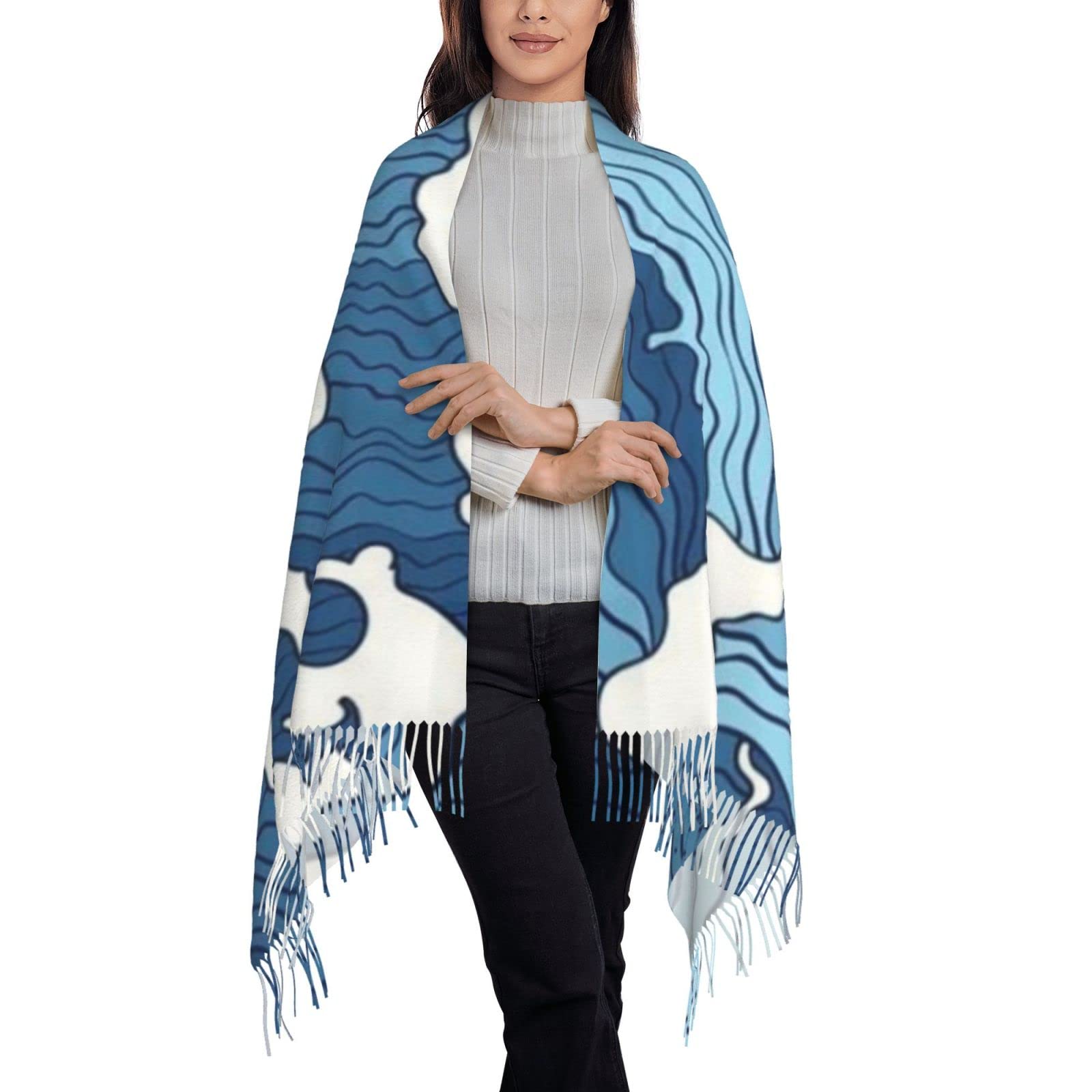 Soft Cashmere Feel Scarf Winter Warm Scarves Large Pashmina Shawl Wraps Gifts, Chinese Japanese Blue and White Wave