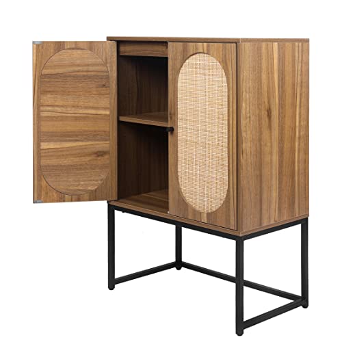 ZeHuoGe Natural Rattan Sideboard Buffet Storage Accent Cabinet with 2 Magnetic Door, Sideboard Buffet Cupboard Accent Cabinet, Built-in Adjustable Shelf Iron Bracket US Delivery (Walnut)