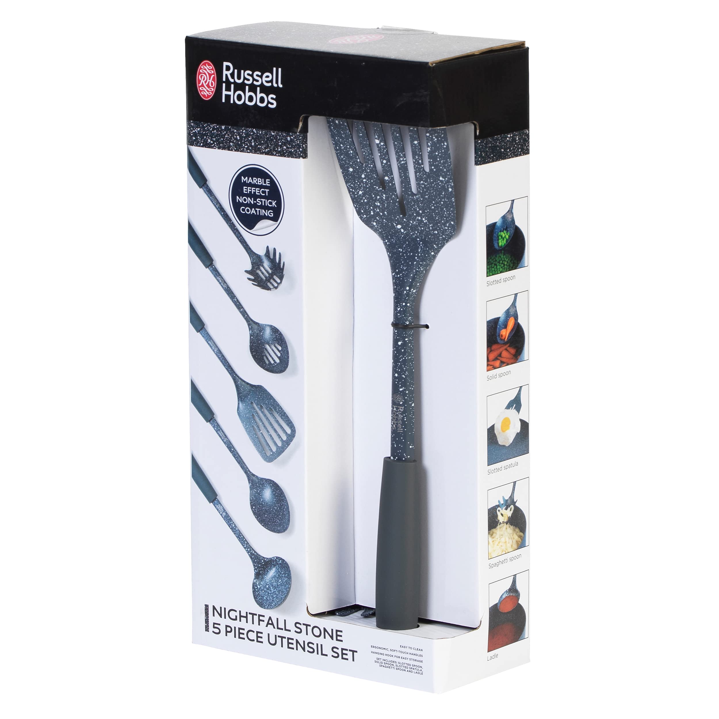 Russell Hobbs RH01401 5 Piece Kitchen Utensil Set, Stainless Steel, Non-Stick, Spatula, Spaghetti Server, Ladle, Slotted and Solid Spoon, Soft-Touch Handles, Nightfall Stone Collection, Blue Marble