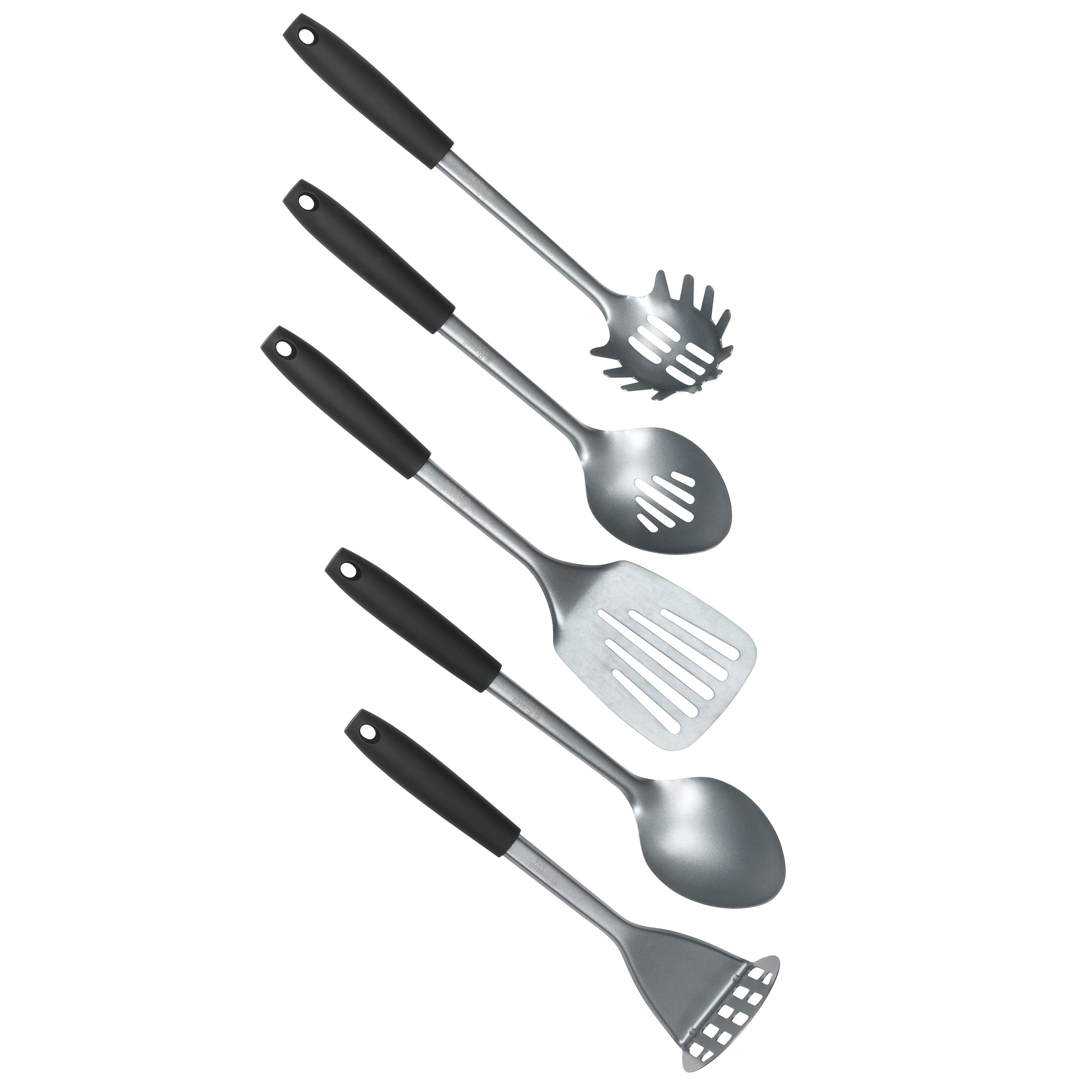 Russell Hobbs RH01722EU7 Pearlised 5 Piece Kitchen Utensil Set, Cooking Tools Including Slotted Spoon, Solid Spoon, Slotted Spatula, Spaghetti Spoon and Masher, Soft-Touch Handles & Hanging Hooks