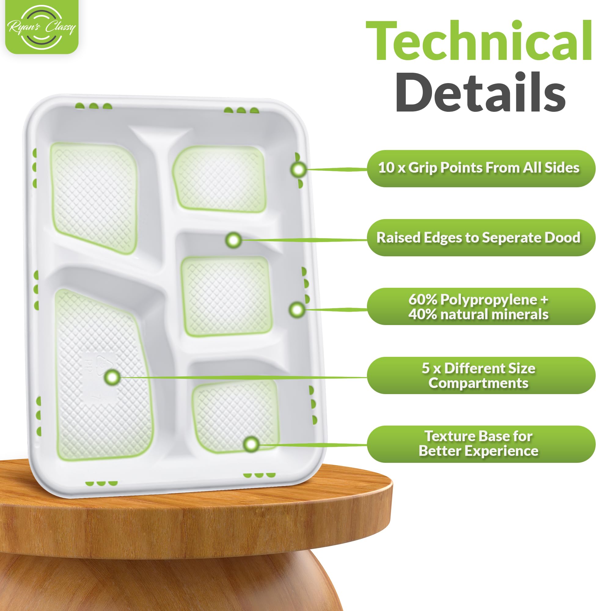 Ryan's Classy Plastic 5 Compartment Plates Disposable, 125 Pack Heavy-Duty Paper Plates with Compartment 10.5 x 8.5 inches Asian Plates Microwave Freezer Safe, Eco-Friendly School Lunch Trays