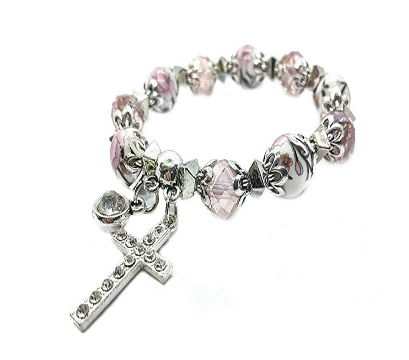 Nazareth Store Religious Cross Bracelet Christian Classic Beaded Bangle with Pink Crystal Beads Sacred Gift for Women & Men