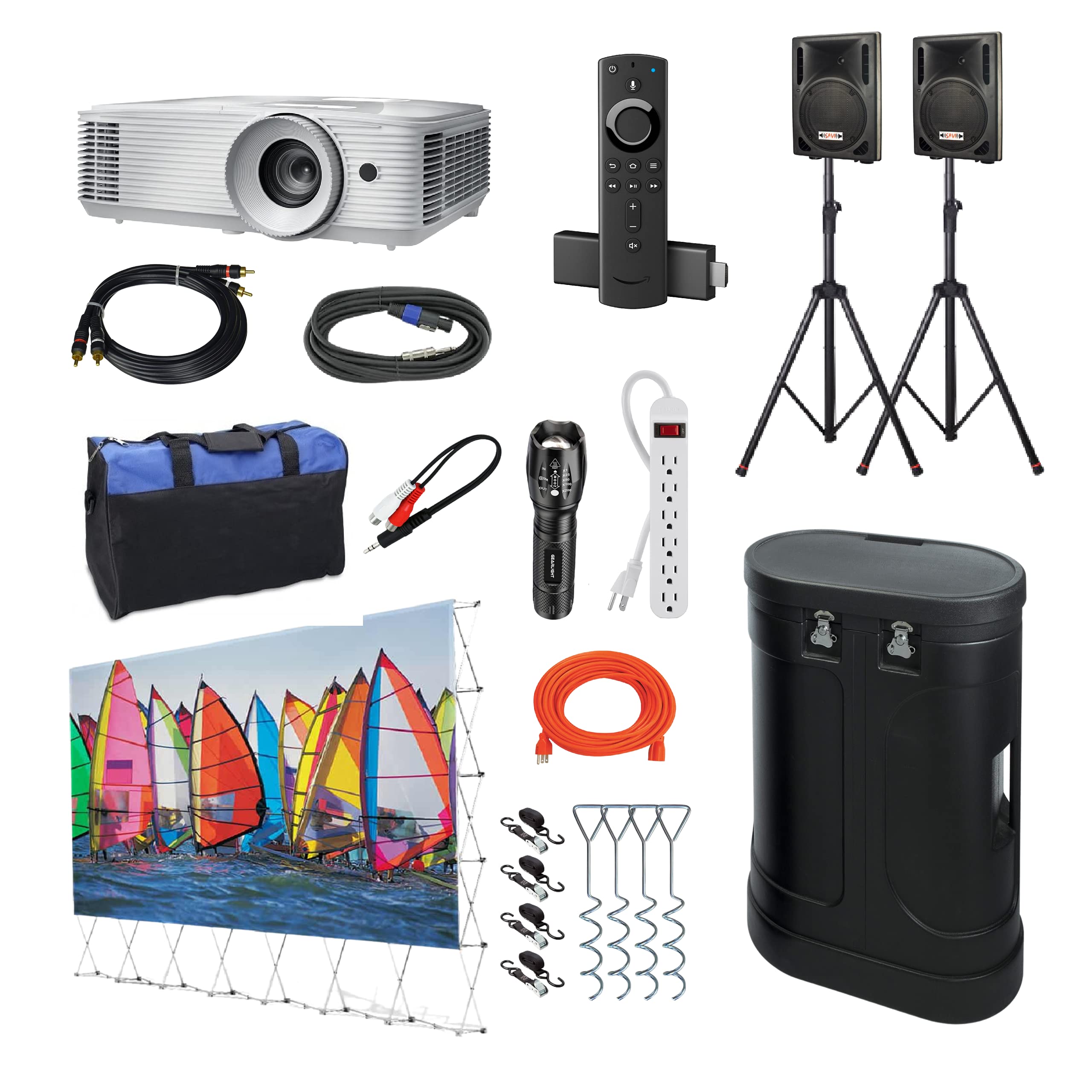 QuikScreen Complete Theater System! 12β Projection Screen with HD Savi 4000 Lumen Projector, Sound System, Streaming Device w/WiFi, Lockable Storage Cabinet (BT-100)