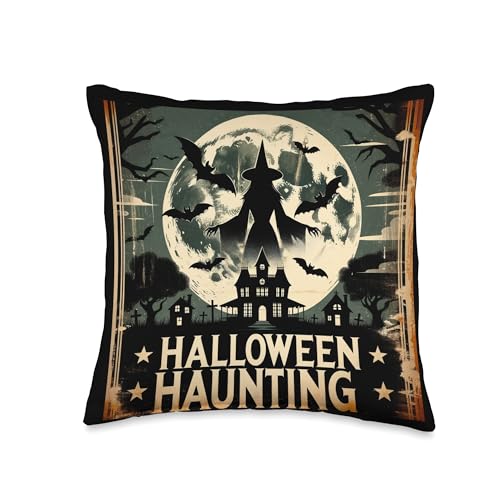 Merch By LAP Vintage Halloween: Haunted Houses and Bats Throw Pillow, 16x16, Multicolor