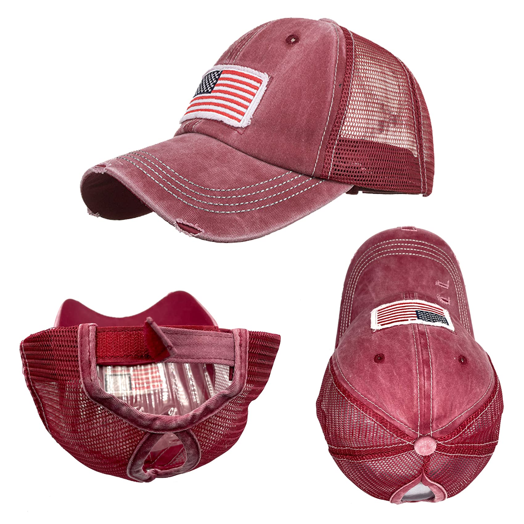 RNFENQS Women's American Flag Mesh Trucker Hat Distressed Ponytail Baseball Cap Wine Red