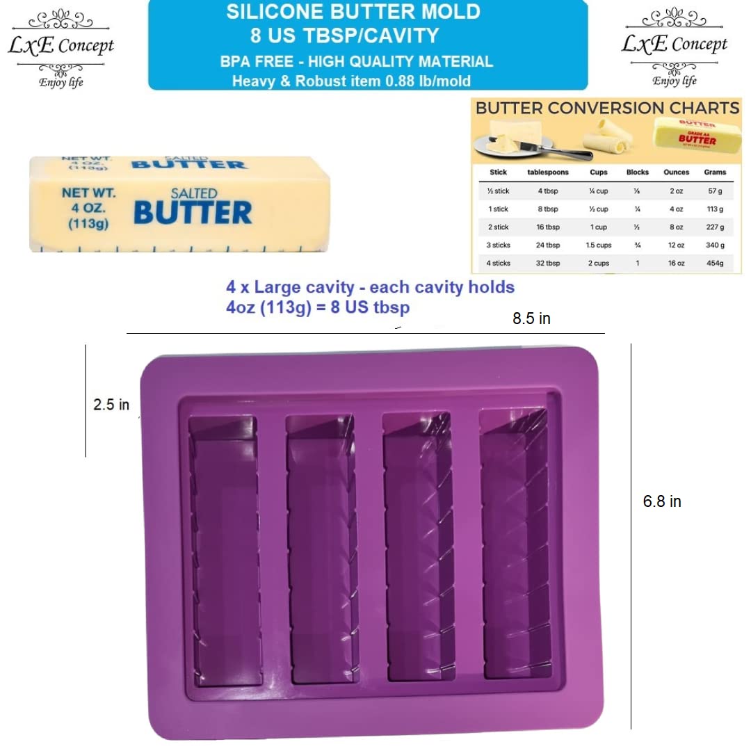 Silicone Butter Mold Set Purple - Holds 8 Tablespoons, 4oz Standard Butter Stick Size, Large Cavity Butter Maker, Non-Stick Butter Tray & spatula, measuring spoons, Ideal For Herb Butter, Brownie Cake