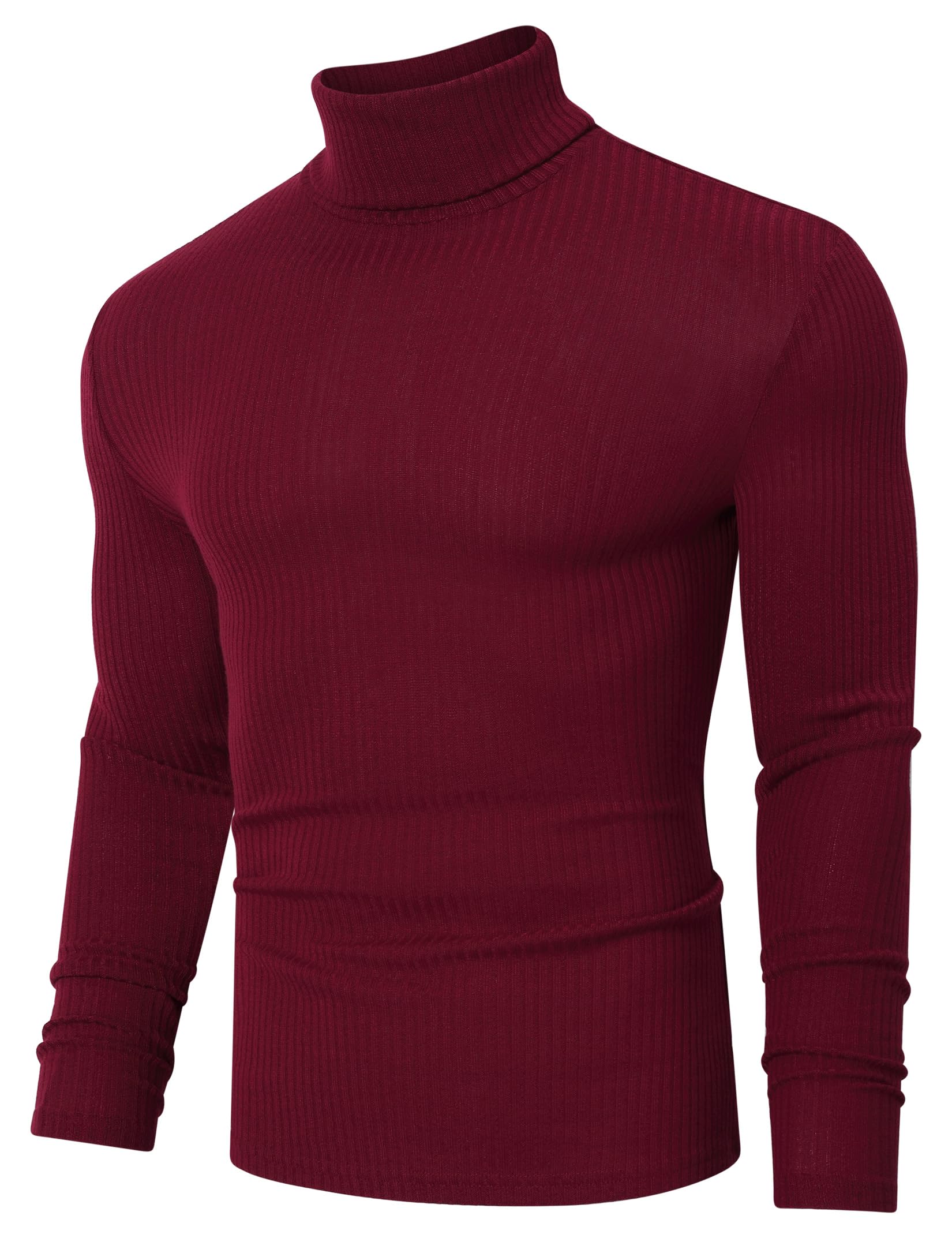 TURETRENDY Men's Stretch Muscle Tshirts Turtleneck Long Sleeve Knit Tees Casual Slim Fit Basic Shirt Tops Red S